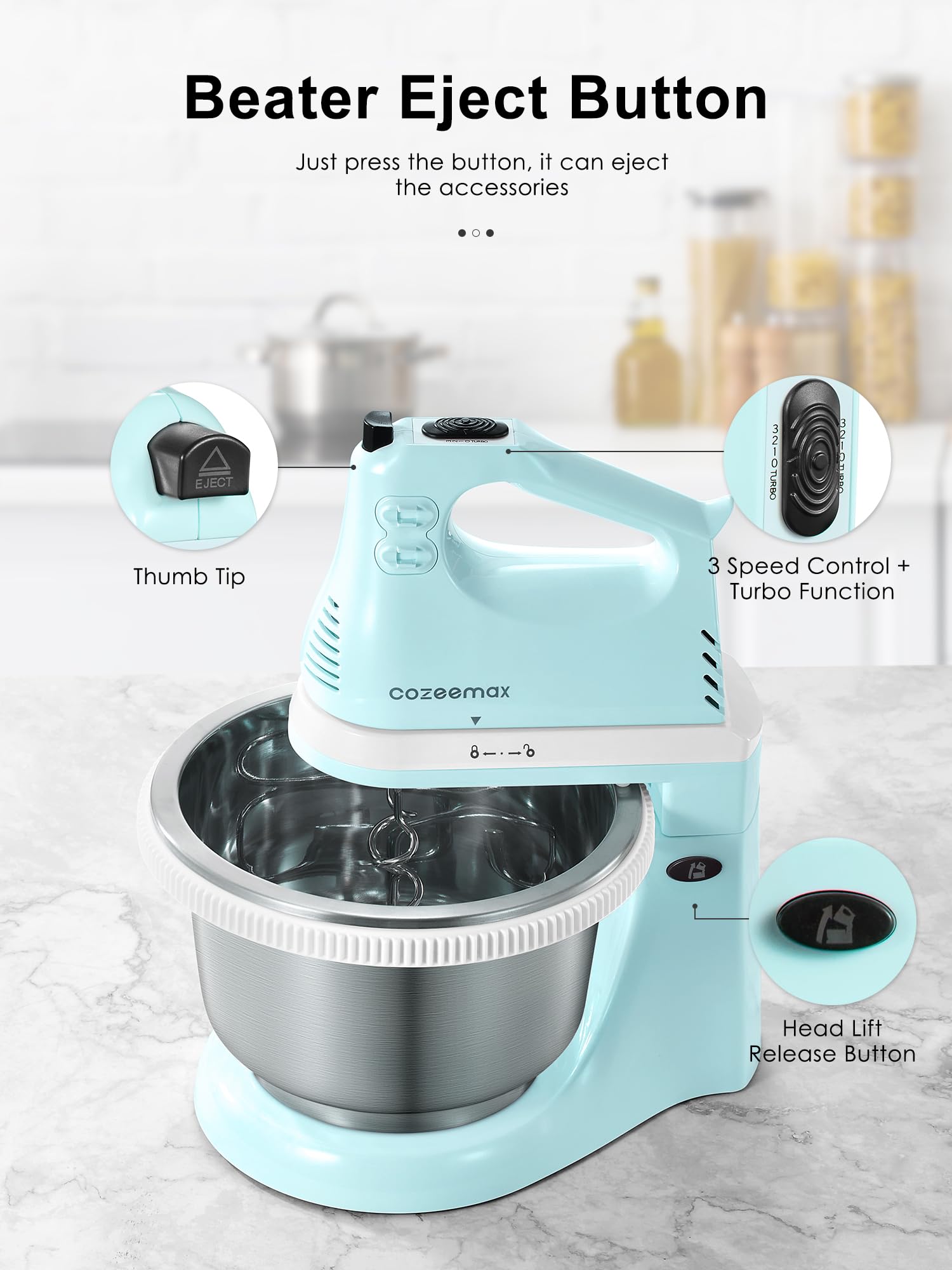 Stand Mixer, Cozeemax 8 Speeds Electric Dough Mixer with 5Qaurt Stainless Steel Bowl and Splash Guard, Kitchen Mixer - Includes Beater, Dough Hook & Whisk