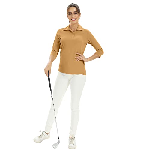 Women's Golf Polo Shirts 3/4 Sleeve Blouses Moisture Wicking Golf Apparel Lady Golf Tops (Bone brown L)