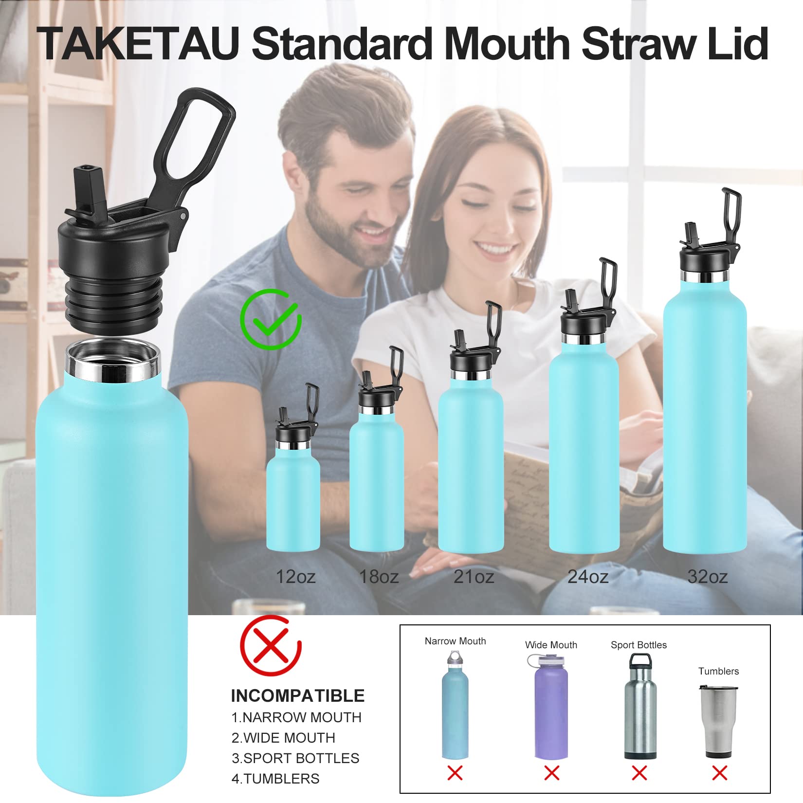 TAKETAU Straw Lid for Hydro Flask Standard Mouth 18 21 24 oz,Standard Lid with Straws for HydroFlask,Simple Modern Ascent,The Coldest Water Bottle Accessories Top Replacement Flex Handle…