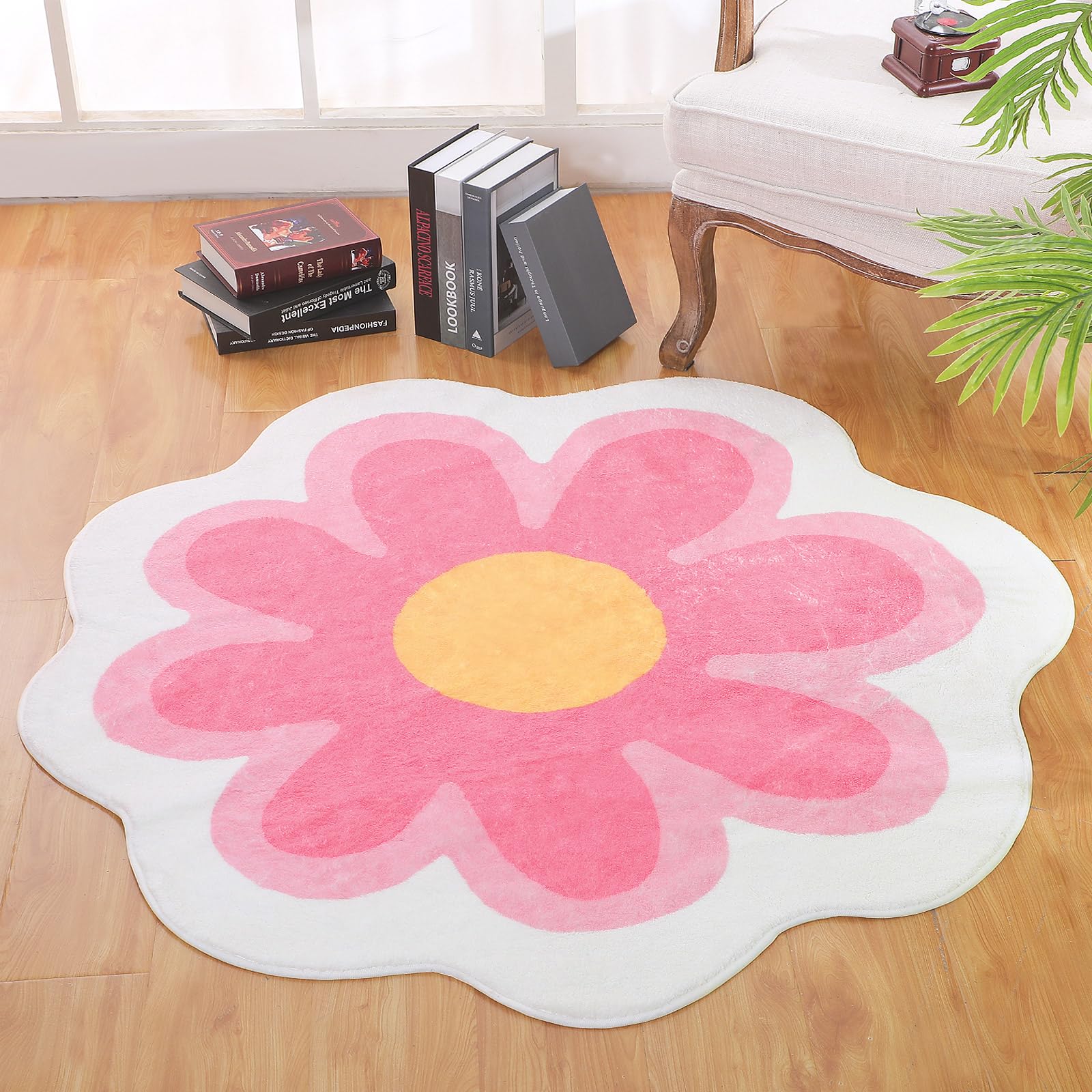 Tinideya Aesthetic Cute Flower Round Area Rug Non Slip Circle Soft Fluffy Flower Rug Indoor Floor Mat Carpet for Girls Bedroom Bathroom Living Room Sofa Nursery Decor(Pink, 4 ft)