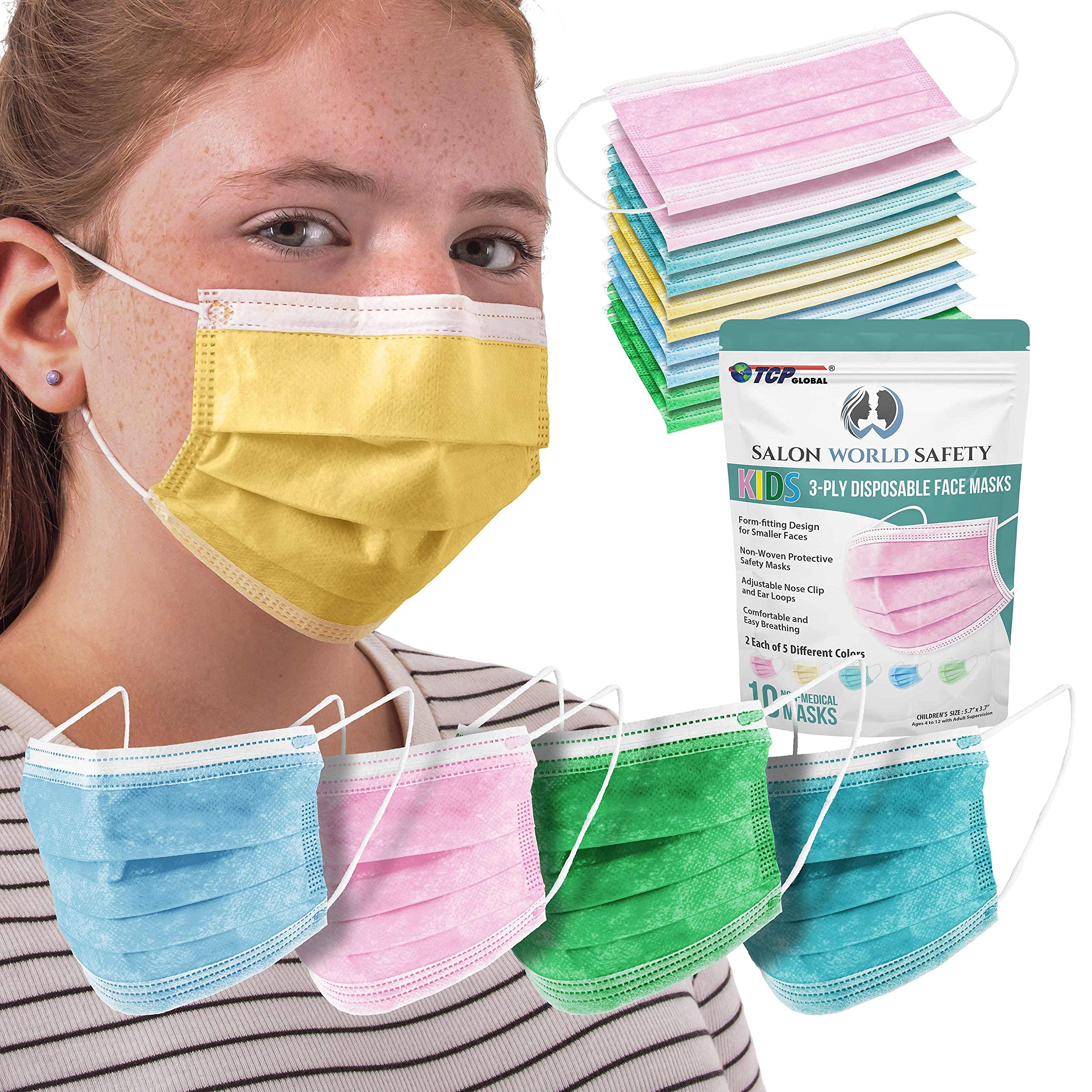 TCP Global Salon World Safety - Kids Face Masks 500 Pk 3-Ply Protective PPE (5 Colors, 100 Each)