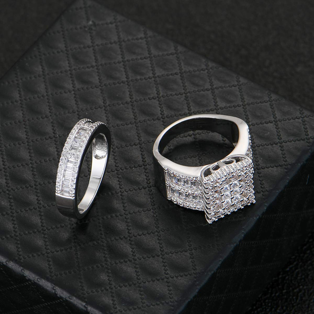 Square Statement Bridal Sets - Two Rings Cubic Zirconia CZ Cluster Engagement Promise Rings Set for Women (8)