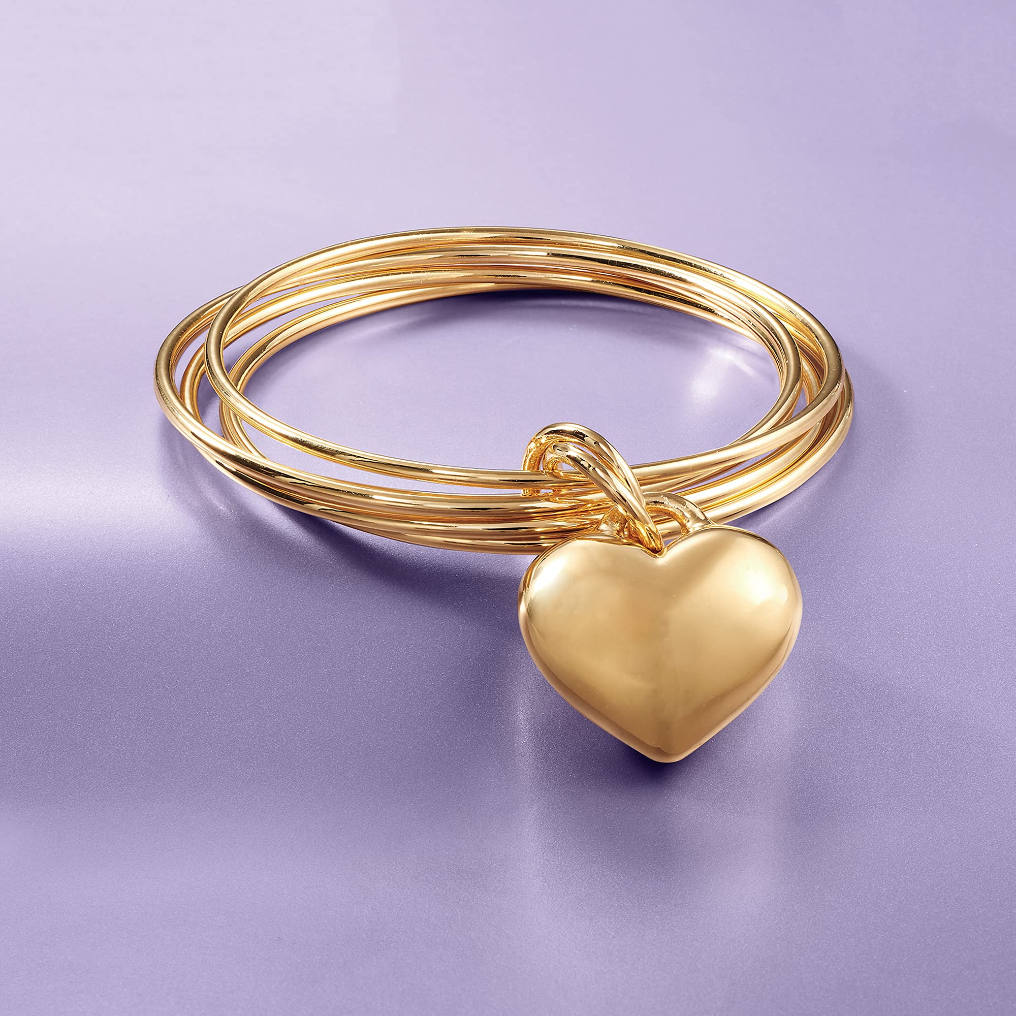 Ross-Simons Italian Andiamo 14kt Yellow Gold Over Resin Heart Charm Multi-Bangle Bracelet. 7.5 inches