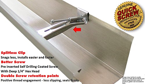 Quick Screw 6" inch Aluminum Hidden Rain Gutter Bracket Hook Clip Style Hangers with pre Inserted 3" Long ¼" hex Head self Drilling Screw (100 Per Package)