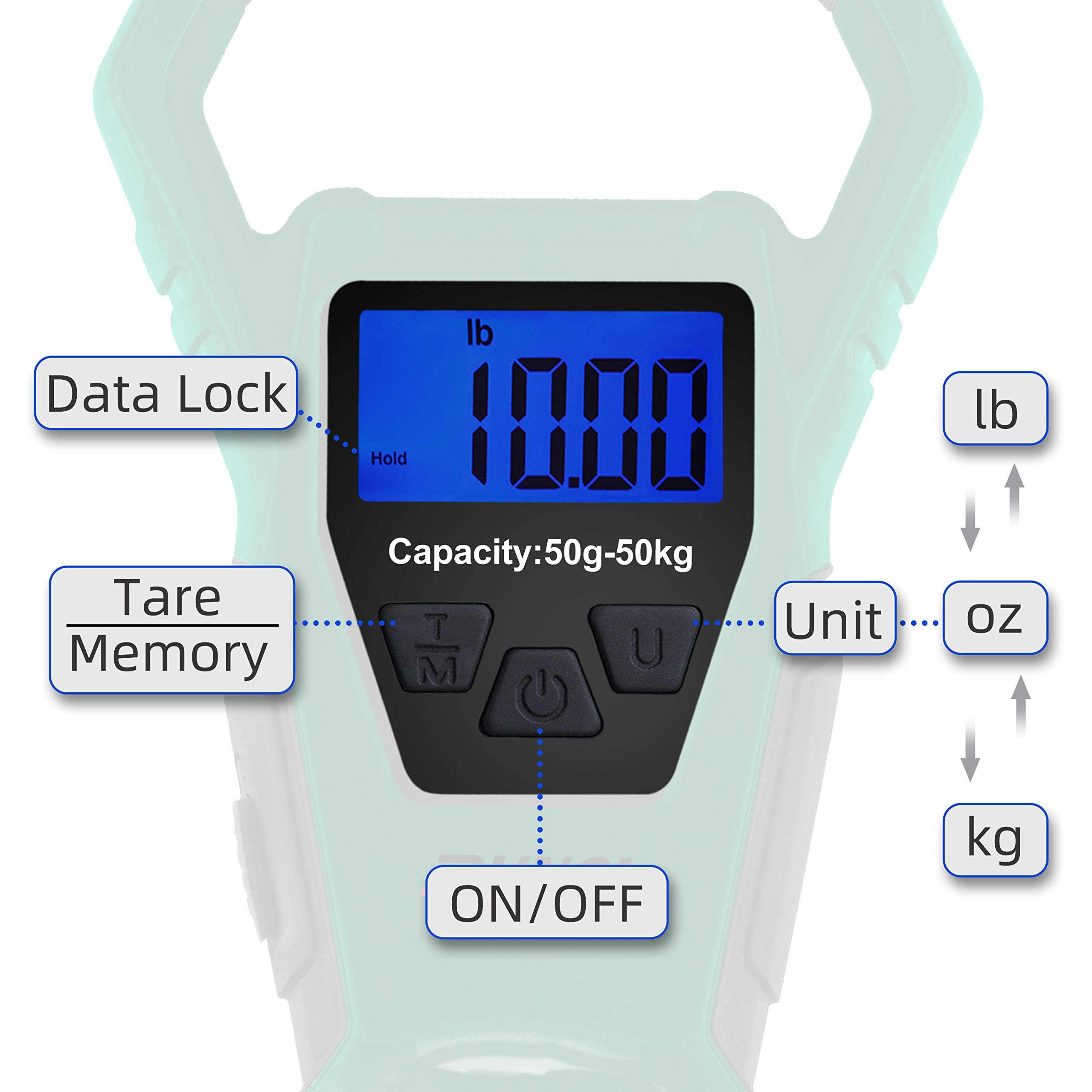 RUNCL Waterproof Fishing Scale with Lip Gripper, Digital Hanging Scale with 40 Inch Built-in Tape, Three Mode-LB/OZ/KG, Non-Slip Big Handle, 110 lb/50kgs, Memory Storage, Backlit LCD Display(Green)