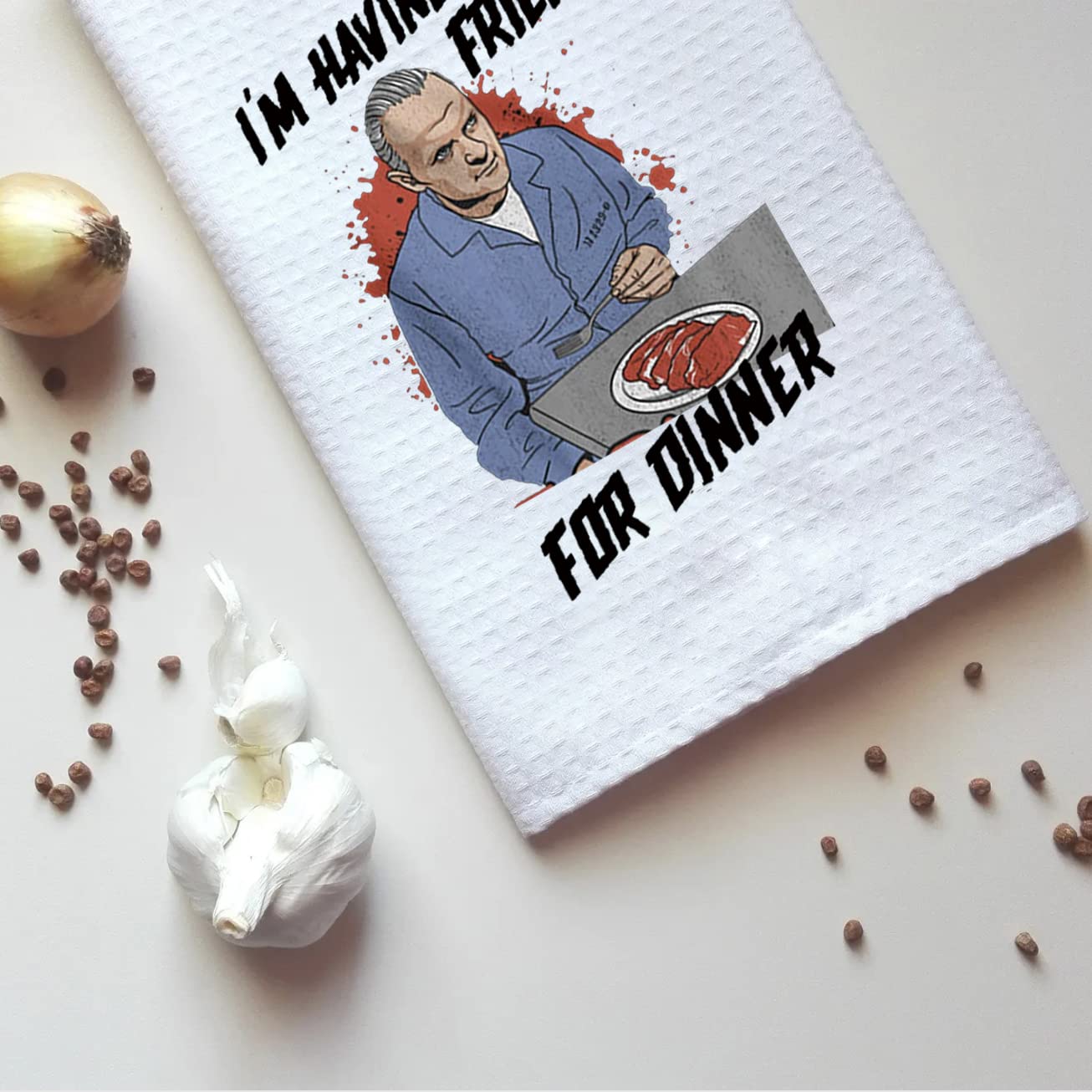 TSOTMO Horror Movie Inspired Gift I’m Having an Old Friend for Dinner Kitchen Towel Dish Towel (Friend for Dinner Towel)