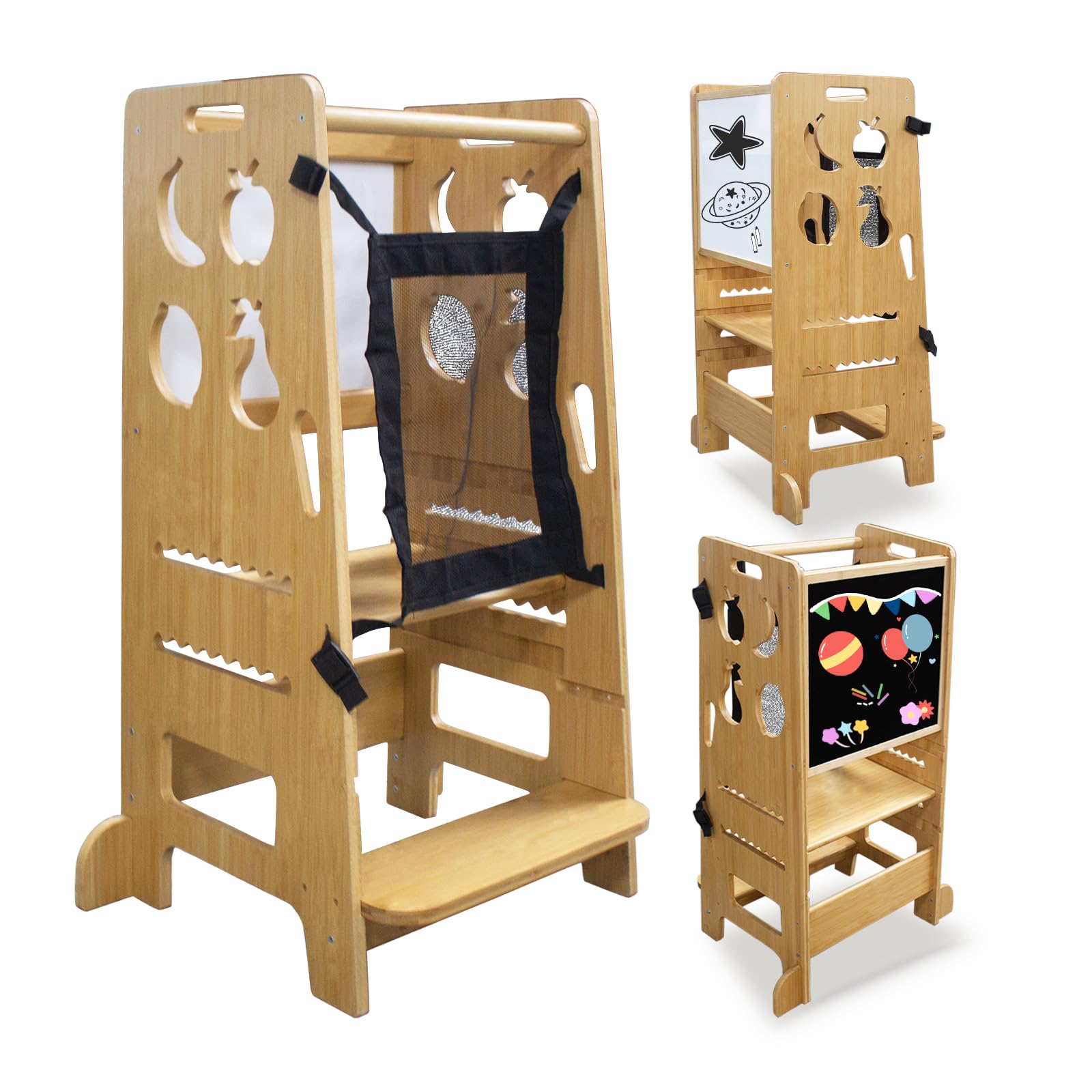 Wooden Brown 1-3 Toddler Tower Kitchen Helper,Height Adjustable Learning Standing Tower with Black and White Activity Board & Safety Net Perfect for Kitchen, Bathroom and Bedroom Children Step Stool