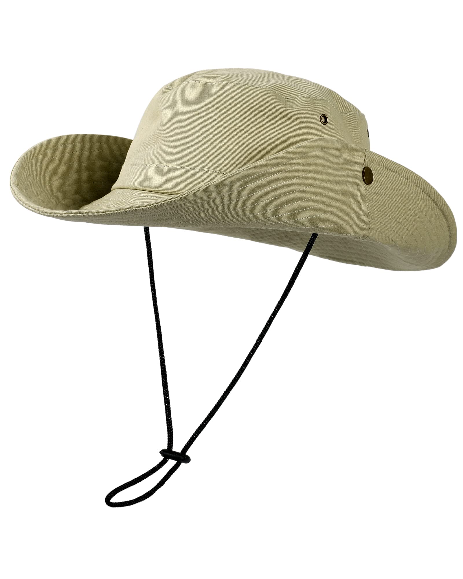 Wide Brim Bucket Sun Hat Packable Cotton Washed UPF 50 Beach Hat for Women Men with Strings Cowboy Outdoor Safari Boonie Cap Khaki