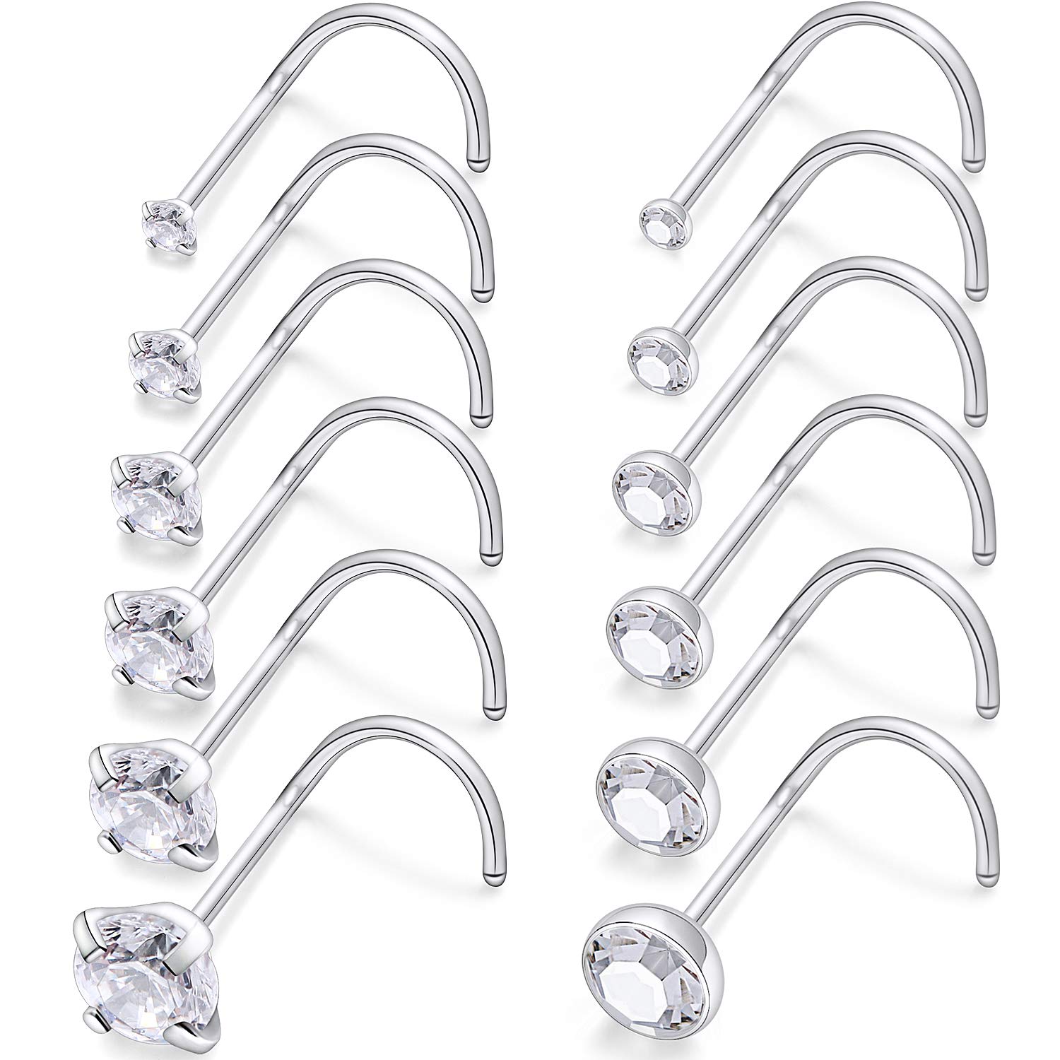 SCERRING 12PCS 18G Stainless Steel Nose Screw Rings Studs Nostril Ring Bend Piercing Jewelry 1.5mm 2mm 2.5mm 3mm 3.5mm 4mm Clear Cubic Zirconia Silver