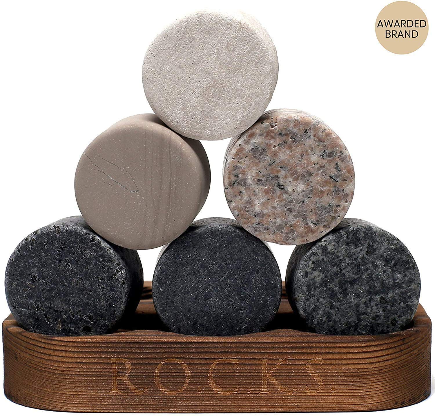 Whiskey Chilling Stones Gift Set - 6 Handcrafted Premium Granite Round Sipping Rocks - 2 Heavy Bourbon Glasses - Hardwood Presentation & Storage Tray - Elegant Gold Foil Gift Box by R.O.C.K.S.