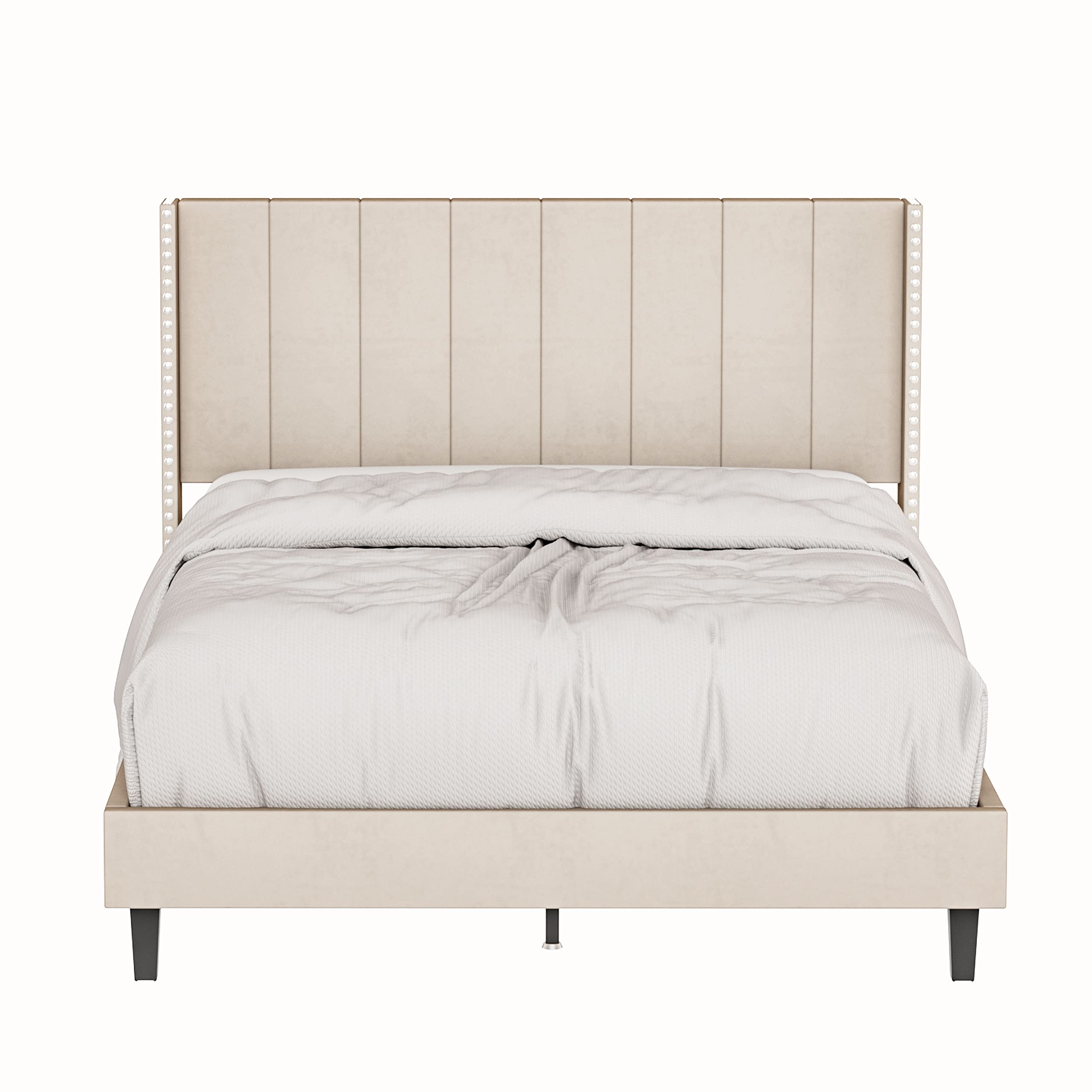 Royard Oaktree Queen Size Tufted Upholstered Bed Frame Low Profile Velvet Bed Frame Platform with Raised Wingback Headboard/No Box Spring Required/Wood Slat Support/Black