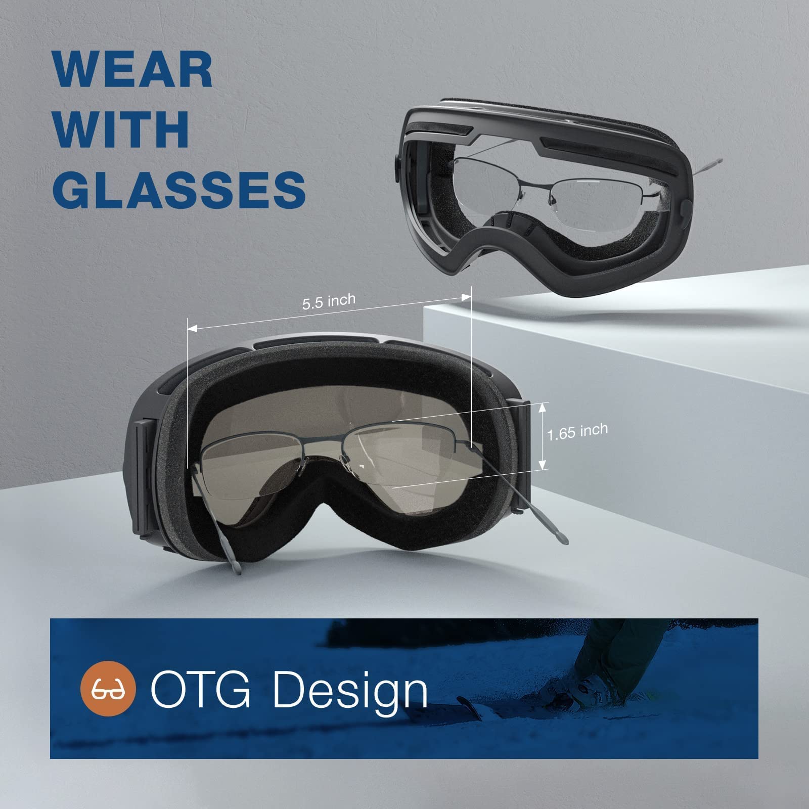 ZIONOR X Ski Snowboard Snow Goggles OTG Design for Men & Women and Ski Goggles Bag
