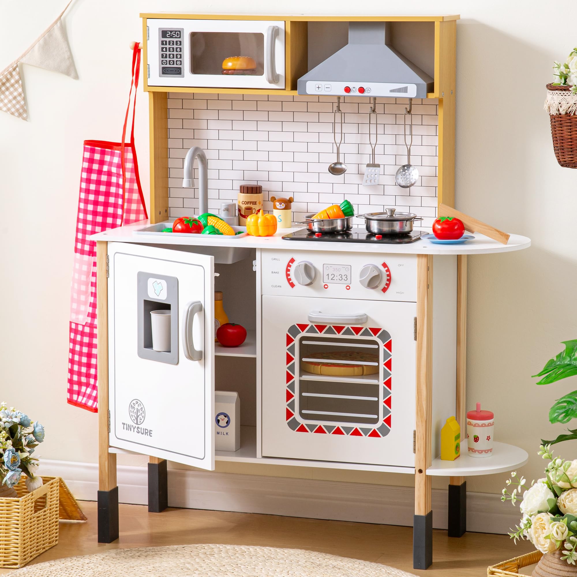 Tinysure Play Kitchen for Kids - Toy Kitchen Set for Toddlers with Realistic Lights and Sounds, Kids Kitchen Playset with Abundant Toy Food Set, Best Gift for Kids Ages 3+