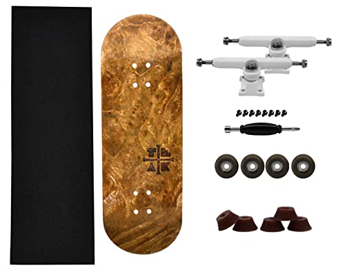Teak Tuning Prolific Complete Fingerboard with Upgraded Components, Toasted S'Mores Edition - Pro Board Shape and Size, Bearing Wheels, Trucks, and Locknuts - 32mm x 97mm Handmade Wooden Board
