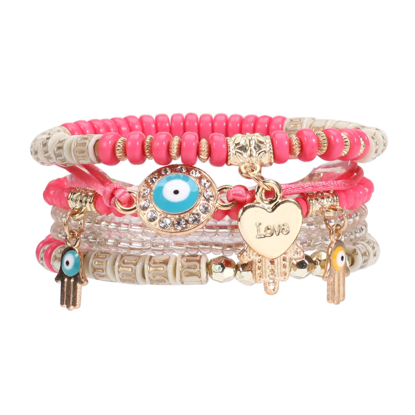 WuCuifu Stackable Bracelets for Women - 8 Packs Bohemian Stretch Bracelets Multi-color Jewelry for Women Evil Eyes Bracelets, Pink