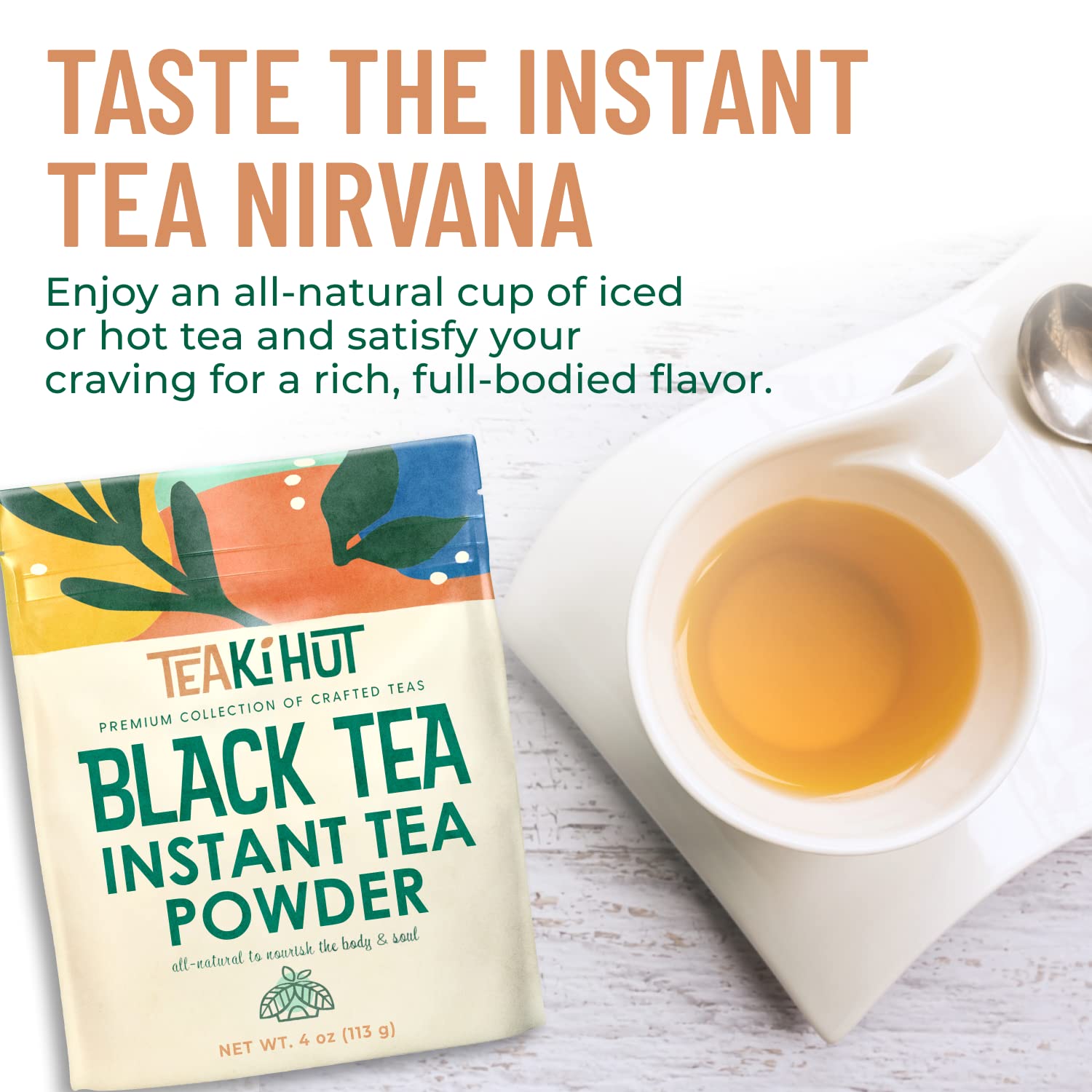 TEAki Hut Instant Black Tea Powder, 4 oz, Black Tea Powder, Powdered Black Tea for Hot and Cold Beverages, Refreshing Instant Tea Powder, Unsweetened Tea Powder, 113 Servings
