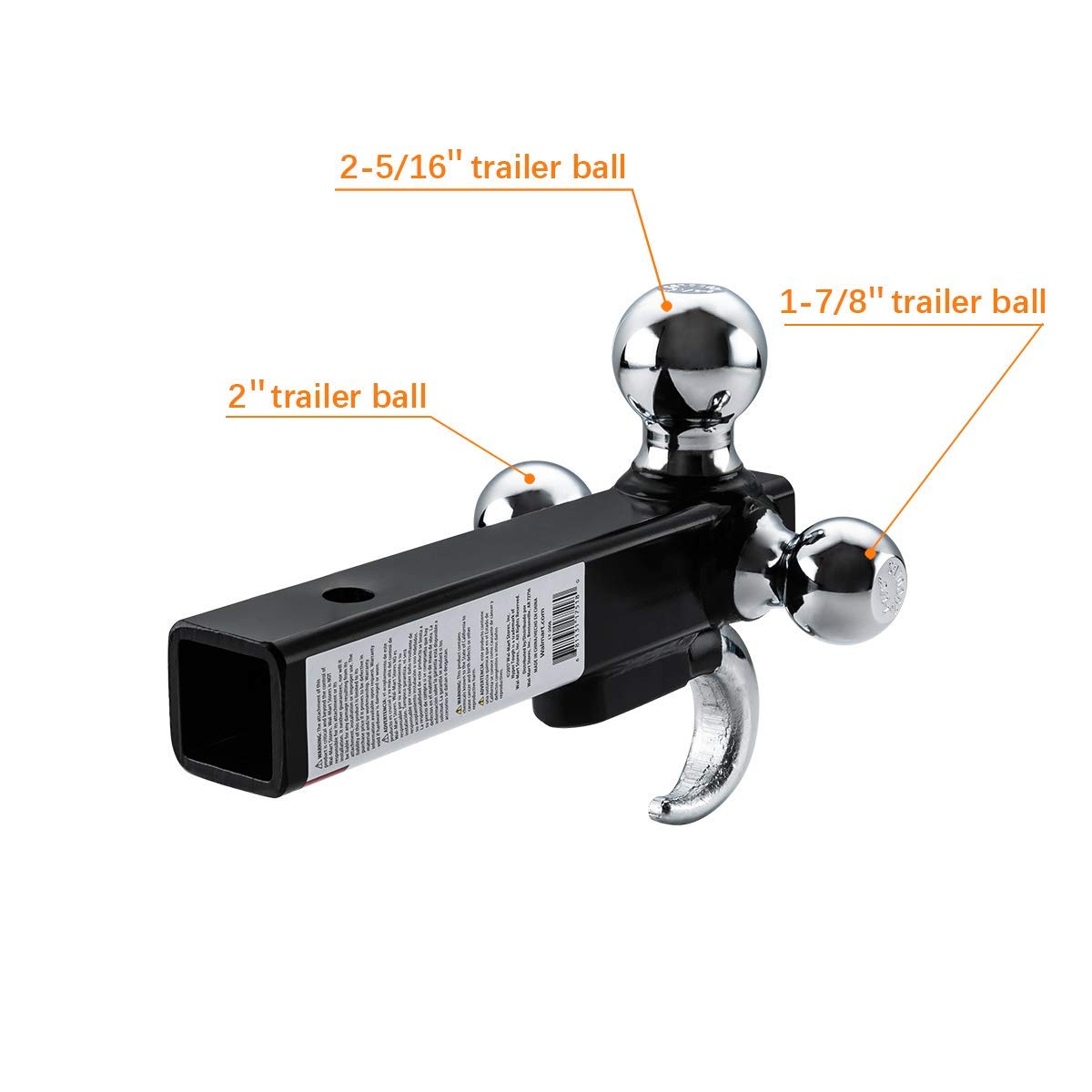 TOPSKY TS2011 Trailer Hitch Tri Ball Mount with Hook, 2 Inch Receiver, Hollow Shank Tow Hitch, Black and Chrome
