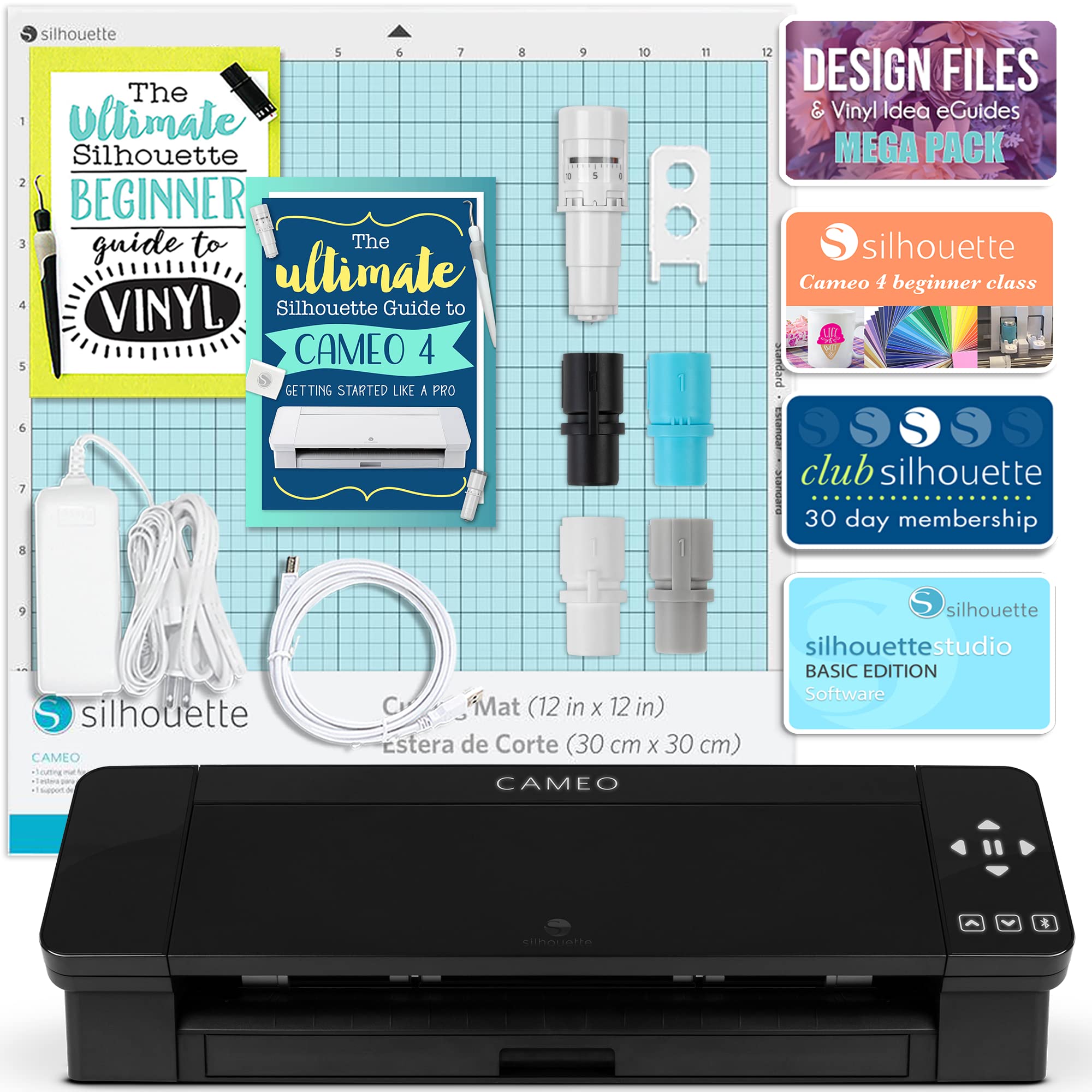 Silhouette Black Cameo 4 Starter Bundle with 26 Oracal Vinyl Sheets, Transfer Paper, Class, Guides and 24 Sketch Pens