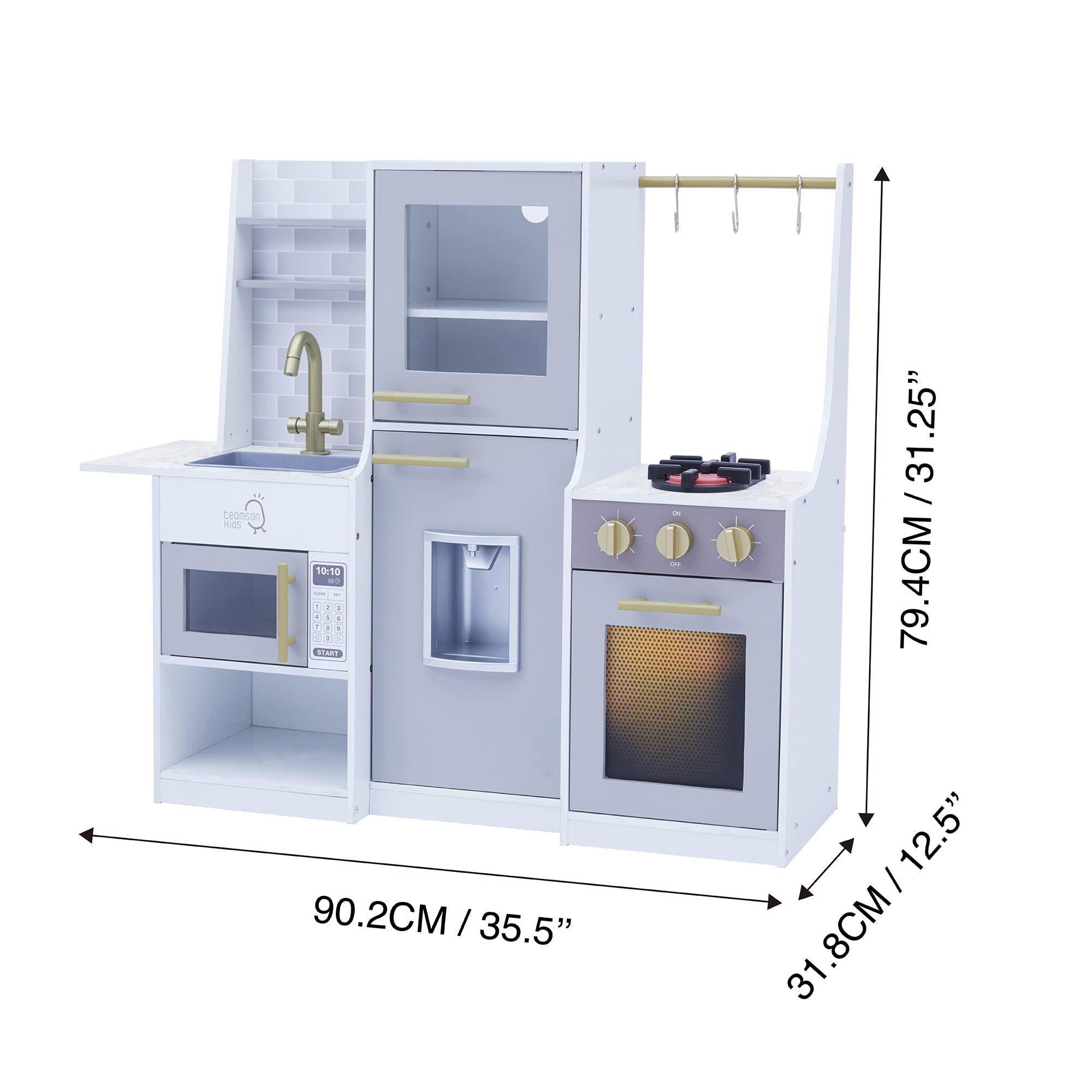 Teamson Kids Little Chef Lyon Modern Interactive Wooden Play Kitchen with Refrigerator, Sink, Oven, Microwave, Hydroponic Garden and Storage Space for Easy Clean Up, Gray with Brass Accents