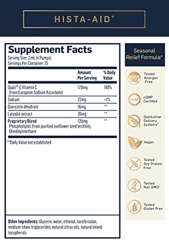 Quicksilver Scientific Nanoemulsified Hista-Aid - Flavonoids to Help Maintain Healthy Histamine Levels - Liposomal Vitamin C, DIM, Luteolin & Quercetin Liquid (50ml)