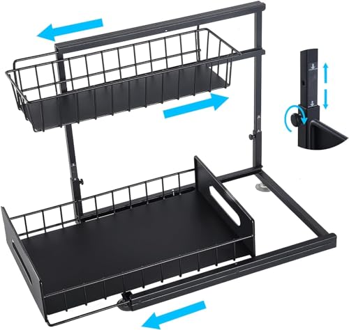 VANRIOS 100% Metal Under Sink Organizer and Storage, 2-Tier Pull Out Cabinet Organizer Shelf Under Cabinet Storage Height Adjustable Non-Slip Multi-Use Slide Out Cabinet Basket for Bathroom, Kitchen