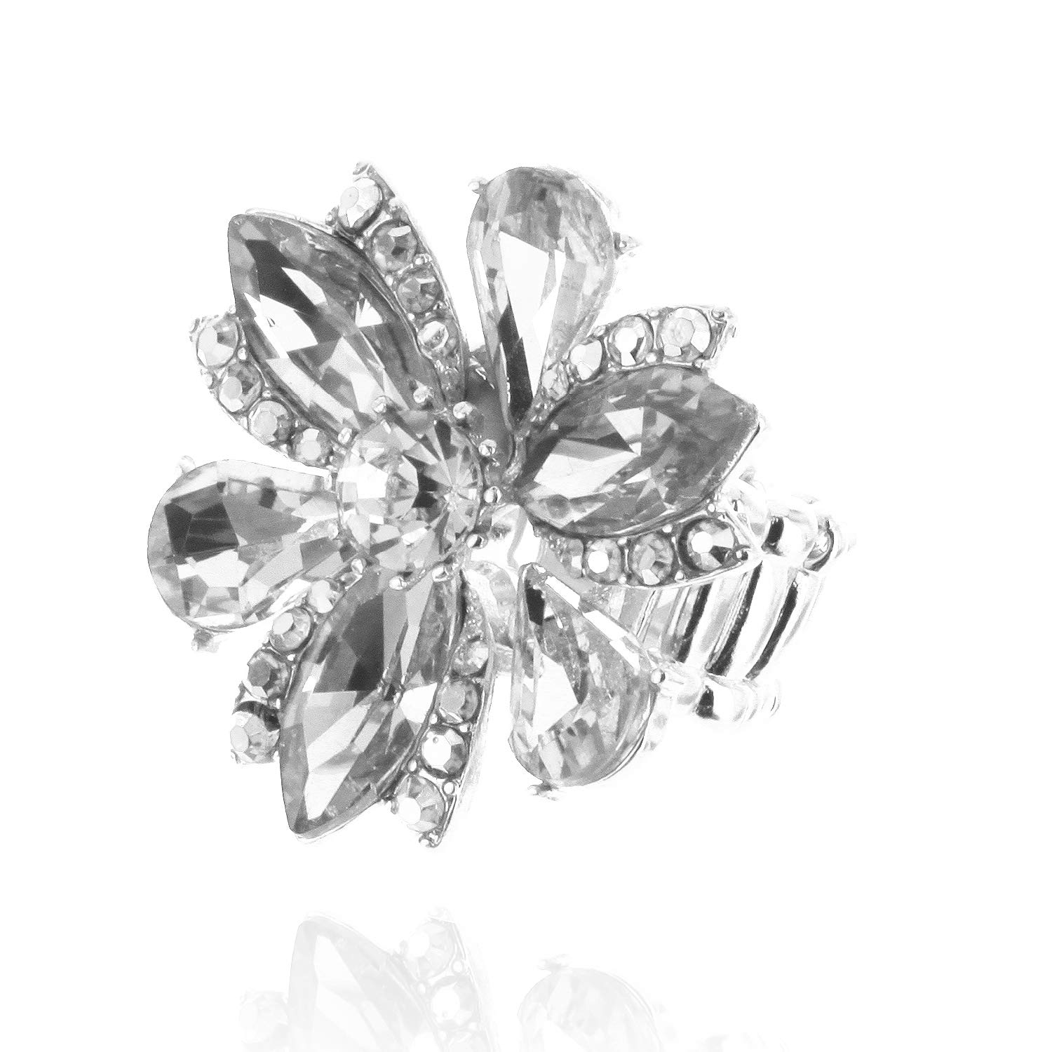 SP Sophia Collection Five Petal Flower Stretch Adjustable Ring Embellished with Round Marquise and Tear Drops in Silver