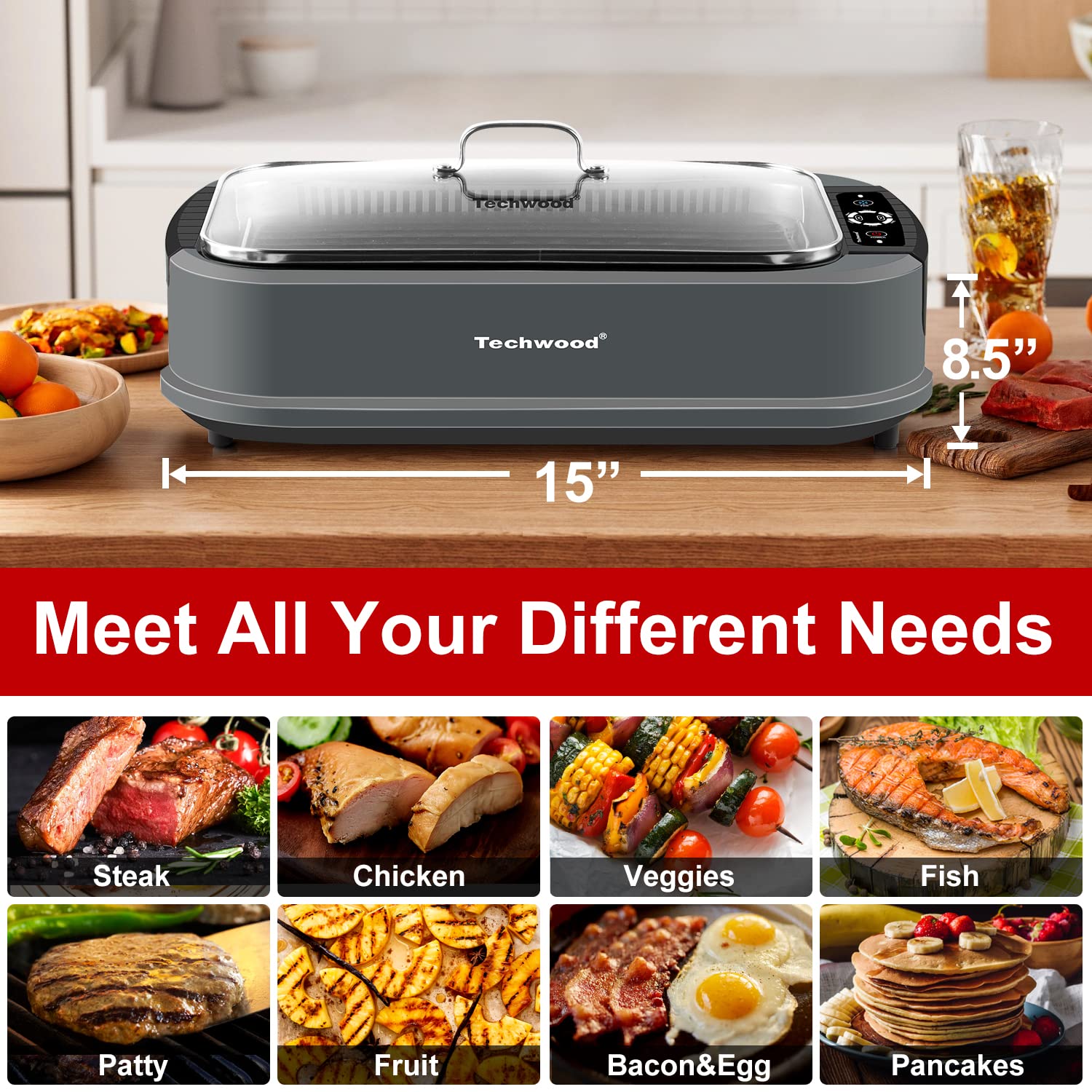 Techwood Indoor Grill Smokeless Grill, 1500W Indoor Korean BBQ Electric Tabletop Grill with Tempered Glass Lid, Removable Grill and Griddle Plates with Drip Tray