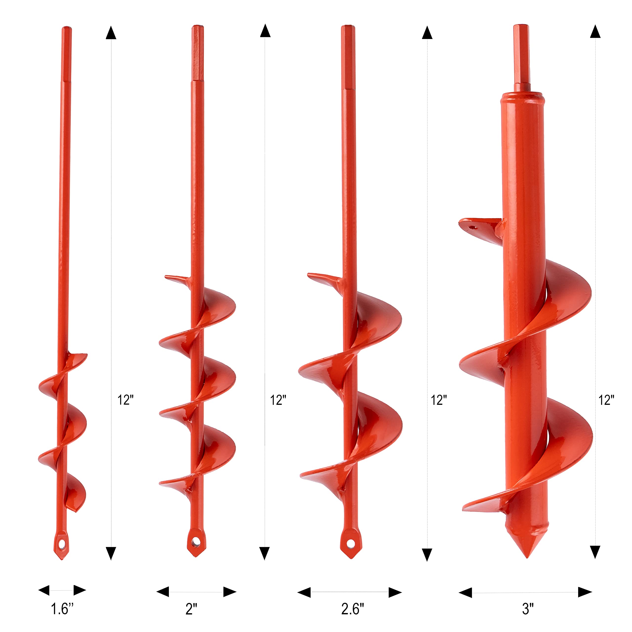 VASGOR Set 4 Auger Drill Bit for Planting - Easy Planter Garden Auger - Bulb & Bedding Plant Augers - Post Hole Digger for 3/8” Hex Drive Drill (1.6x12", 2x12", 2.6x12", 3x12")