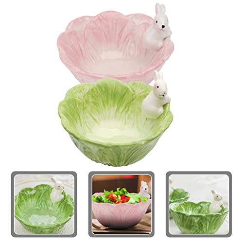 Yardwe Salad Serving Bowl 2pcs Ceramic Cabbage Shaped Bowls Easter Ceramic Rabbit Bowls Cartoon Food Bowls Dessert Bowls