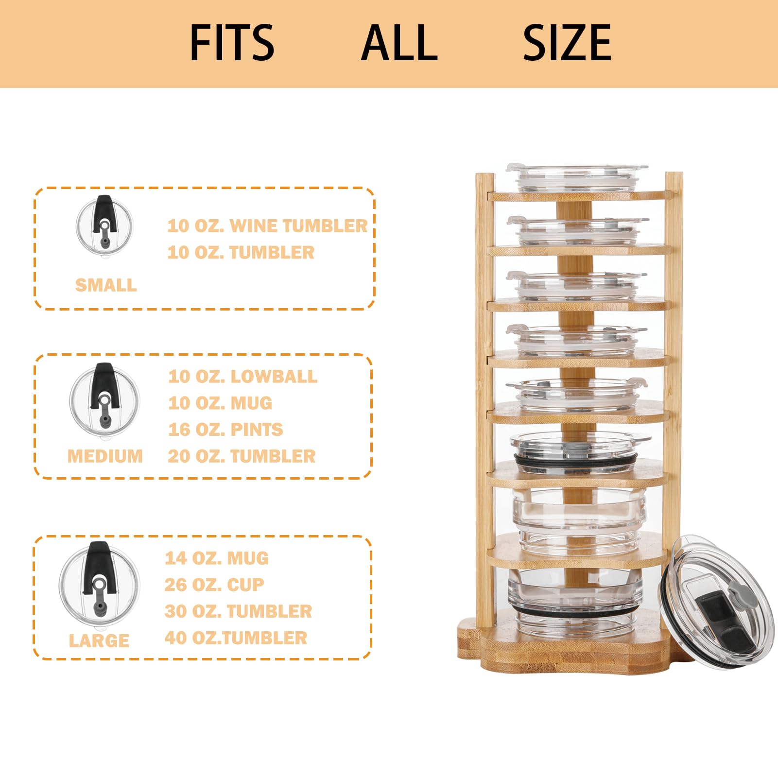 takor Extra Large Bamboo Tumbler Lid Organizer for Cupboard,Compact Lid Storage Rack,Freestanding Cup Lid Holder for Kitchen Cabinet and Countertop, Tidy Kitchen and Easy to Clean