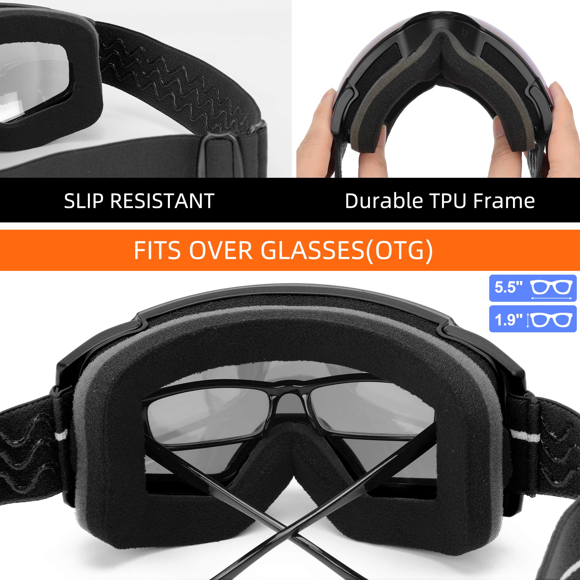TurnWay OTG Ski/Snowboard Goggles - Magnet Dual Layers Interchangeable Lens, Frameless, 100% UV Protection