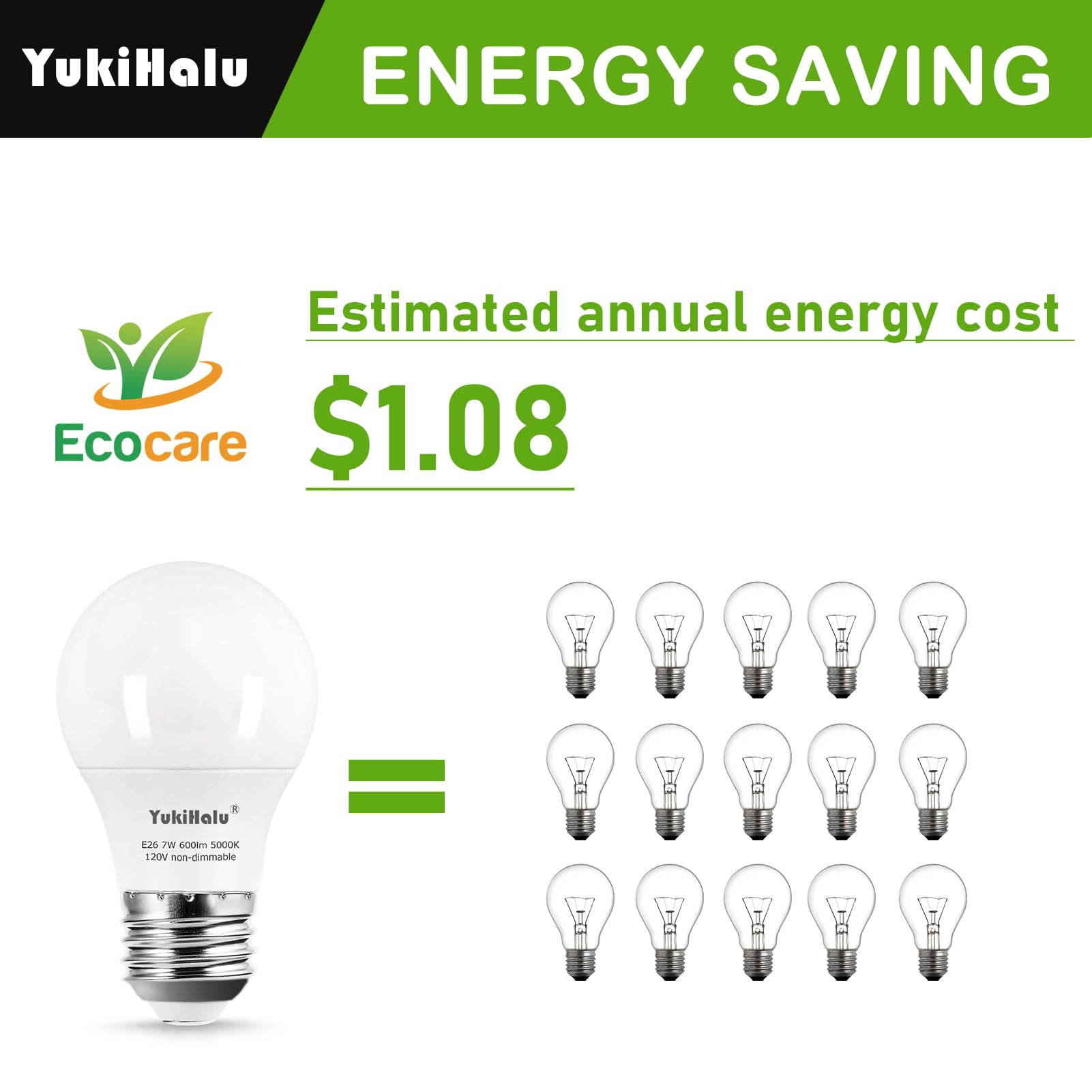 YukiHalu Dimmable A15 LED Light Bulbs, 60W Equivalent, 3000K-5000K White, E26 Base, 7W 600 Lumens 120V, Ceiling Fan Light Bulbs, Appliance Bulb, UL Listed, Pack of 4(3000K Soft White)