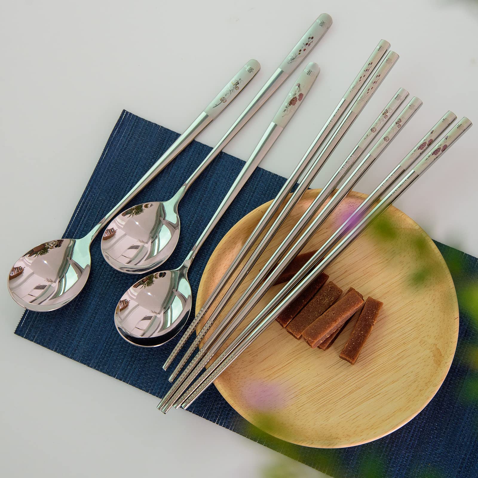 YAPULLYA Reusable Chopstick and Spoon Set, Korean Long Handle Stainless Steel Spoon and Chopsticks Set, Dishwasher Safe Metal Chop sticks, Set of 3. (Multi-patterned)