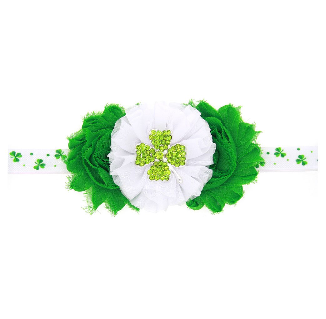 St. Patrick's Day Headband Baby Four Leaf Green Clover Flower Hair Bow Band JHSP06 (B)