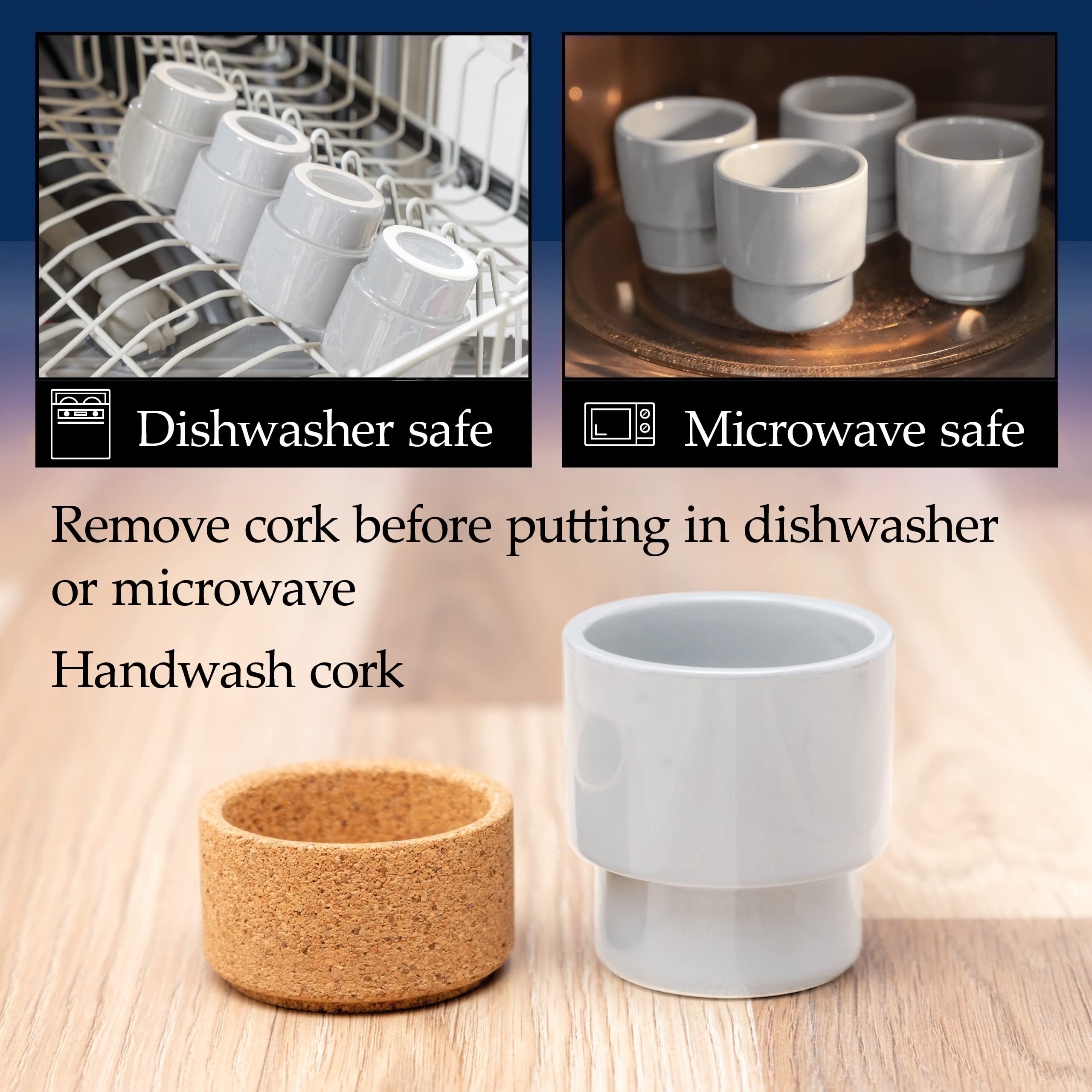 White Double Espresso Cups Set of 4 - Removable Cork Insulating Base Ceramic Coffee Cup Mug 4oz with Removable Cork Sleeve - Stackable - Handleless