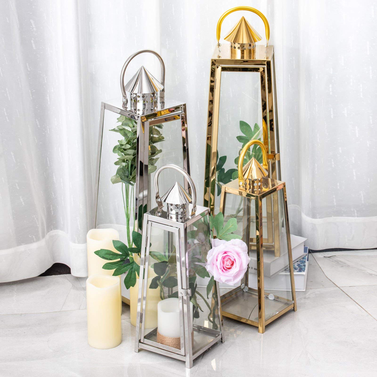 TABLECLOTHSFACTORY 15" Silver Cone Top Stainless Steel Lantern Candle Holder Tabletop Centerpiece