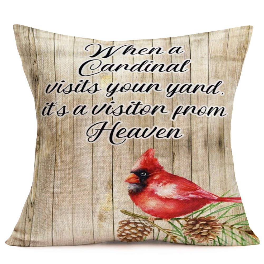 ShareJ Throw Pillow Covers When Cardinal Visits Your Yard, It's A Visitor from Heaven Inspirational Quote Home Decor Square Pillow Cases for Bedroom Livingroom Cotton Linen Cushion Cover 18x18 Inch