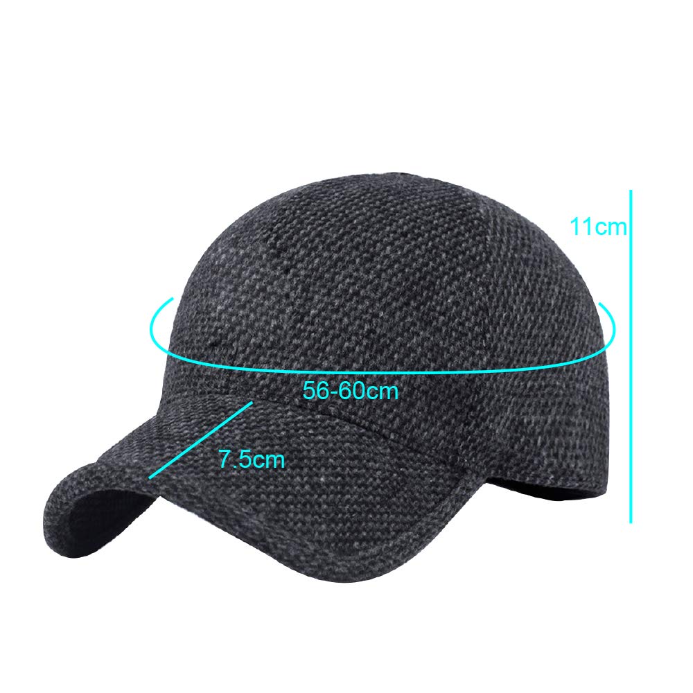 Winter Warm Outdoor Baseball Caps, Thermal Woolen Fabric Ball Hats, Adjustable Peaked Caps with Earmuffs, Outdoor Sport (Black)