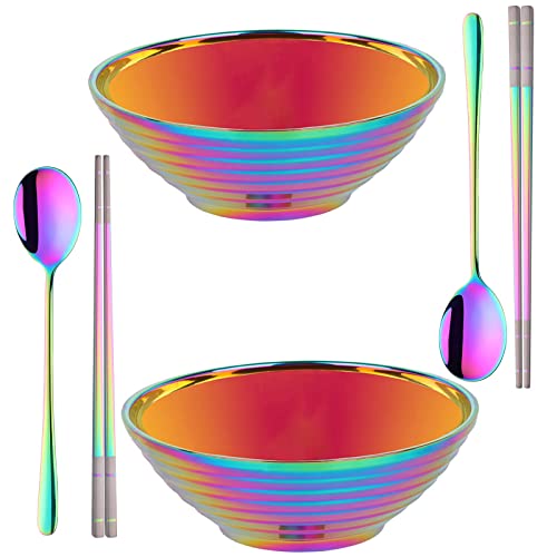 TUPMFG Ramen Noodle Bowl Sets: Stainless Steel Korean Bowls Large Metal Pho Soup Bowl with Chopsticks and Spoons Rainbow 2PCS
