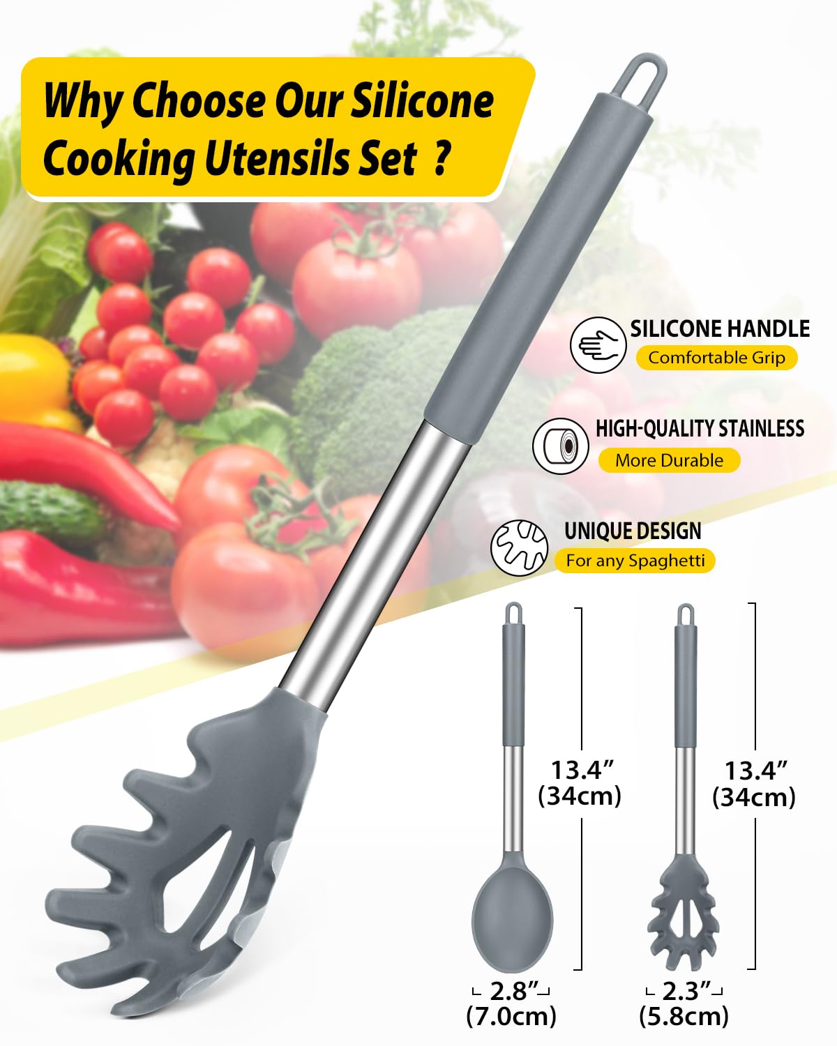 Silicone Pasta Fork and Cooking Spoon Set, Non Stick Kitchen Utensils for Cooking,Stirring,Serving Spaghetti, Soup, Sauce (GREY)