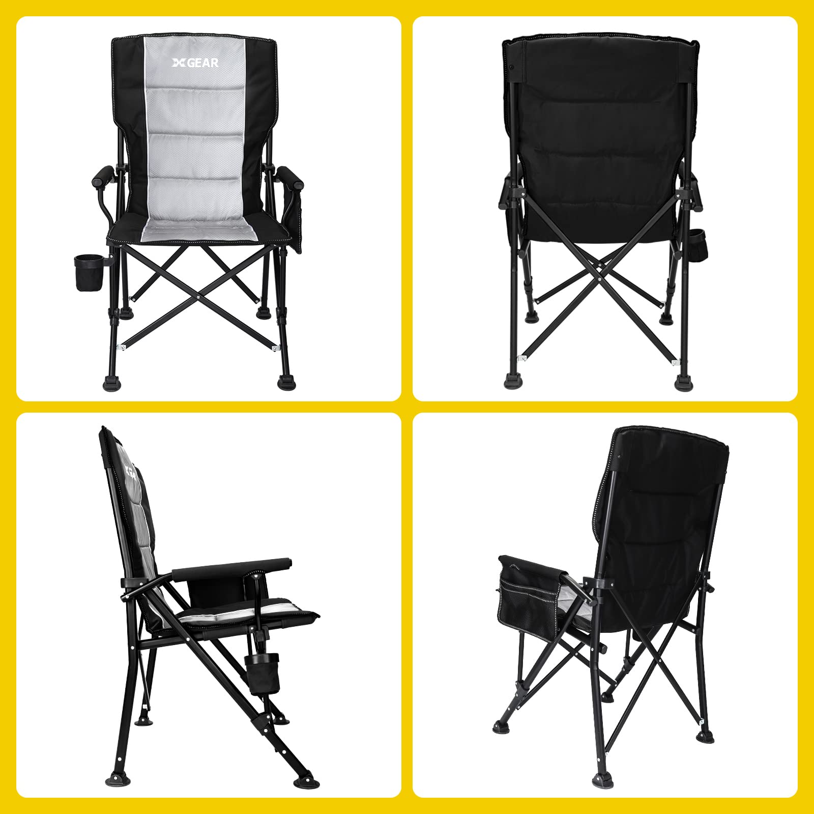 XGEAR Camping Chair High Back Camp Chair with Padded Hard Armrest, Cup Holder and Side Storage Bag Included (Black/Silver)