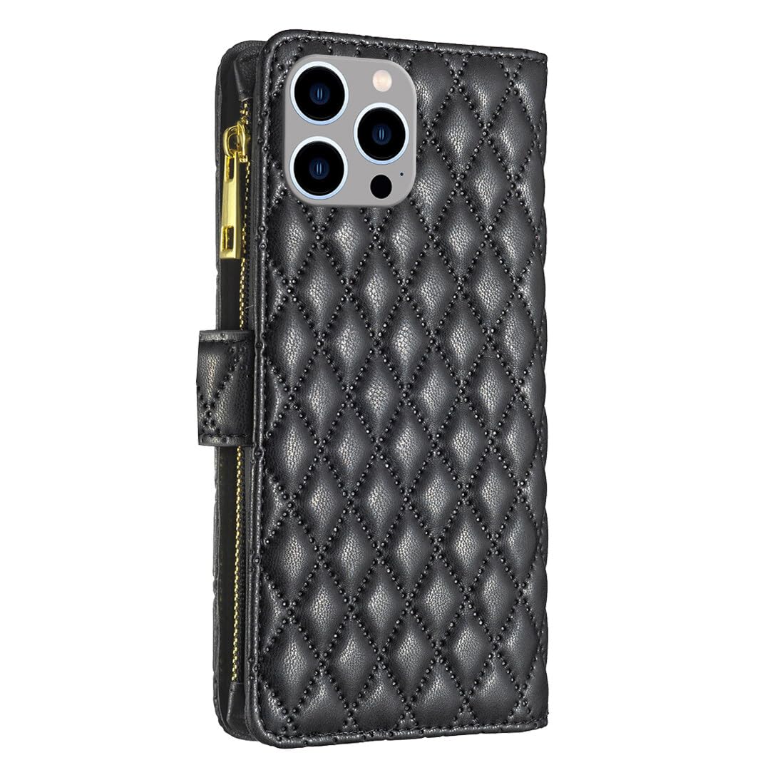 SUPWALL Wallet Case Compatible for iPhone 14 Pro Max | Flip Leather Case with Removable Wristlet Strap and 9 Card Holder | Magnetic Closure Case with Zipper for Men Women | Black