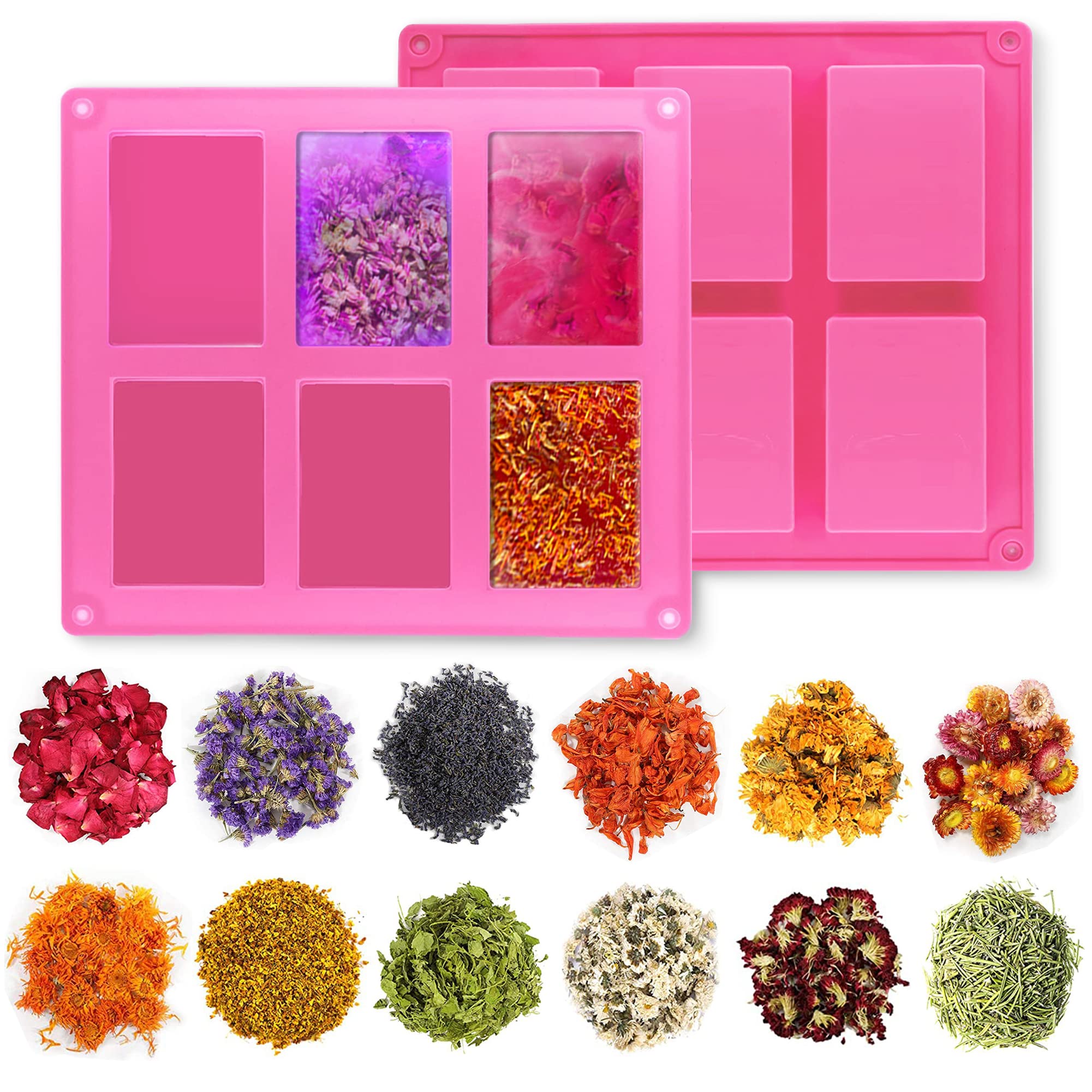Silicone Soap Molds Kit,Include 2pc 6 Cavities Rectangle Silicone Molds &12 Bag Natural Dried Flowers for DIY Handmade Soap Making, Candle Making, Rice Krispy Treats, Cake Mold