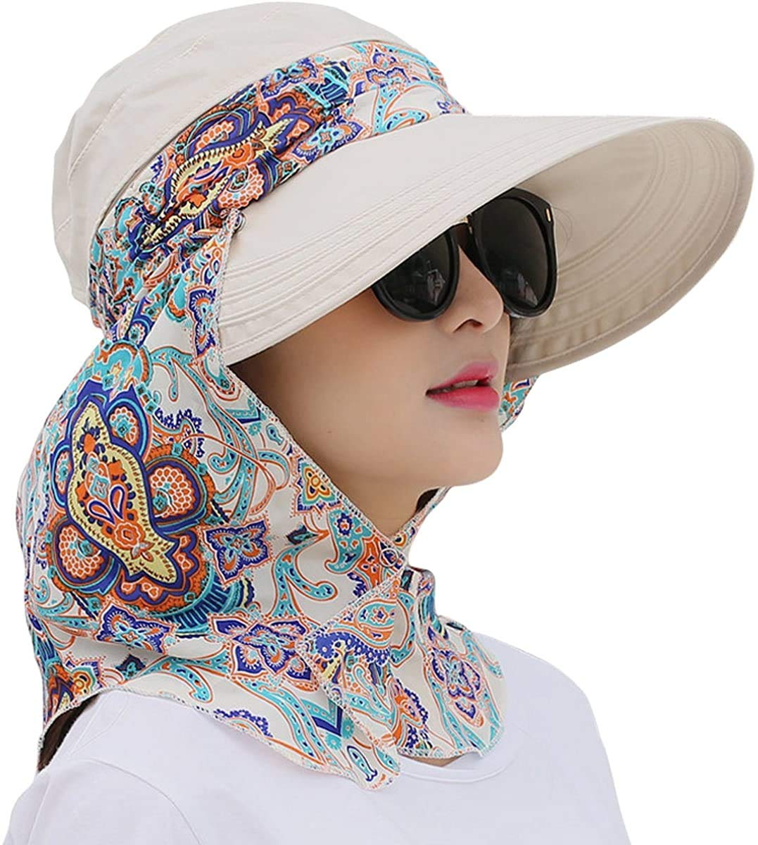 Roll Up Wide Brim Sun Visor UPF 50+ UV Protection Sun Hat with Neck Protector Beige