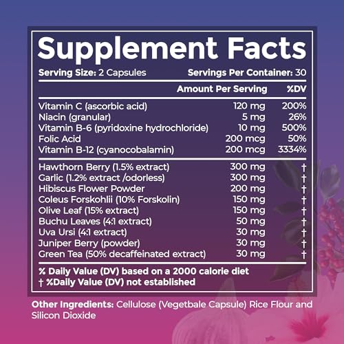 ULTALIFE Blood Pressure Supplements - Advanced Blood Pressure Supplement Complex - Hawthorn Berry, Hibiscus, Garlic, Forskolin - 14 Vitamins & Herbs, 30 Day Supply in Veggie Capsules