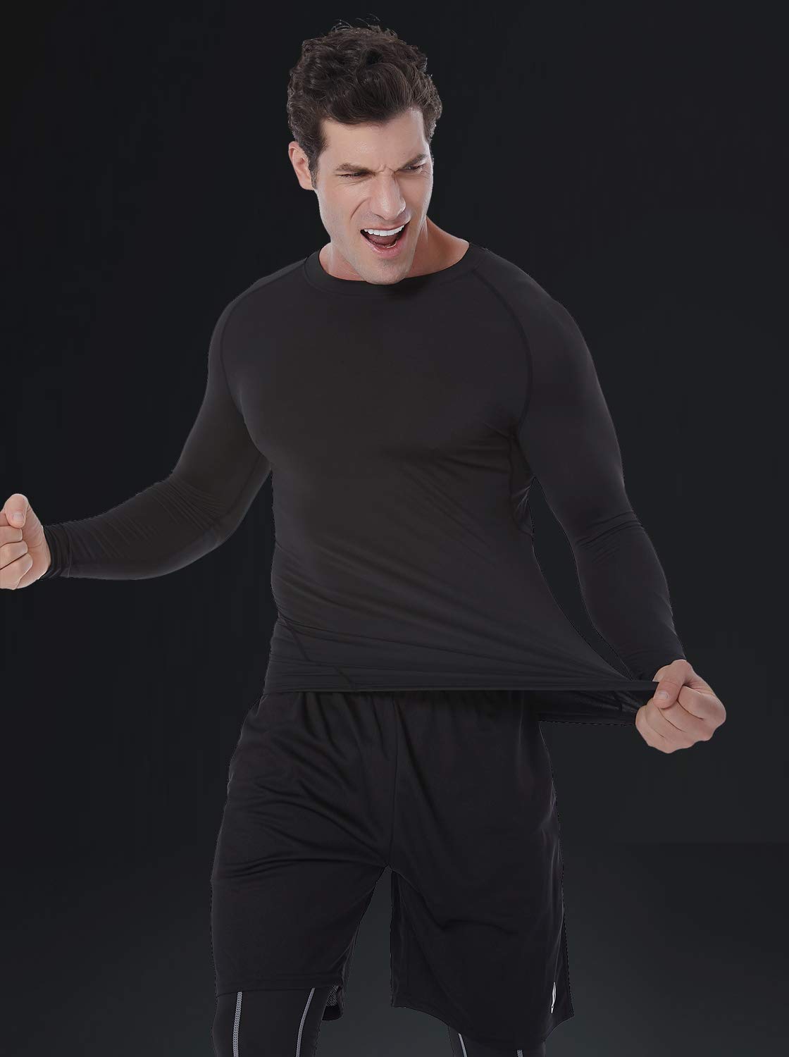 SILKWORLD Men's Long-Sleeve Compression Shirt Base-Layer Running Top, 3 Pack: Black#3, L