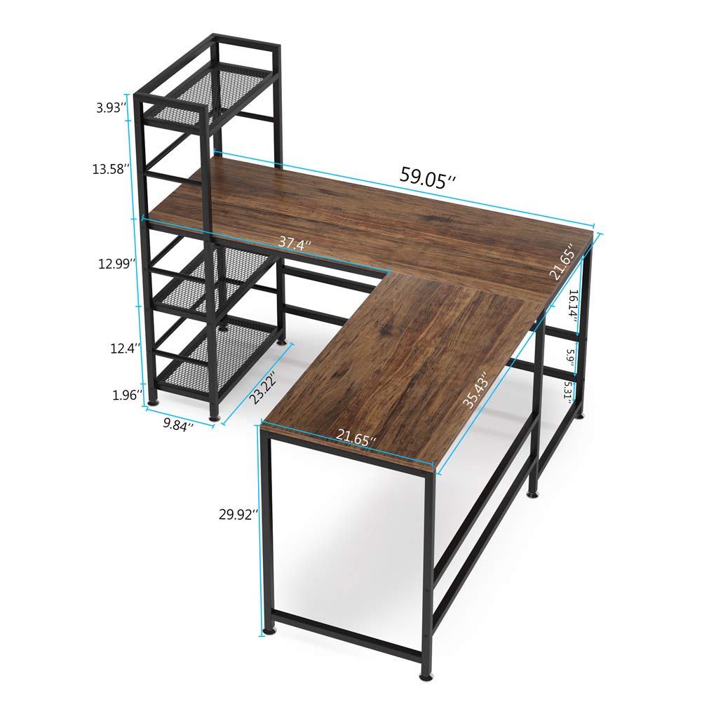 Tribesigns 59 Inch L Shaped Computer Desk, Corner Desk with 4-Tier Storage Shelves, Rustic L-Shaped Desk with Bookshelves for Home Office, Writing Study Workstation PC Gaming Table L Desk (Walnut)