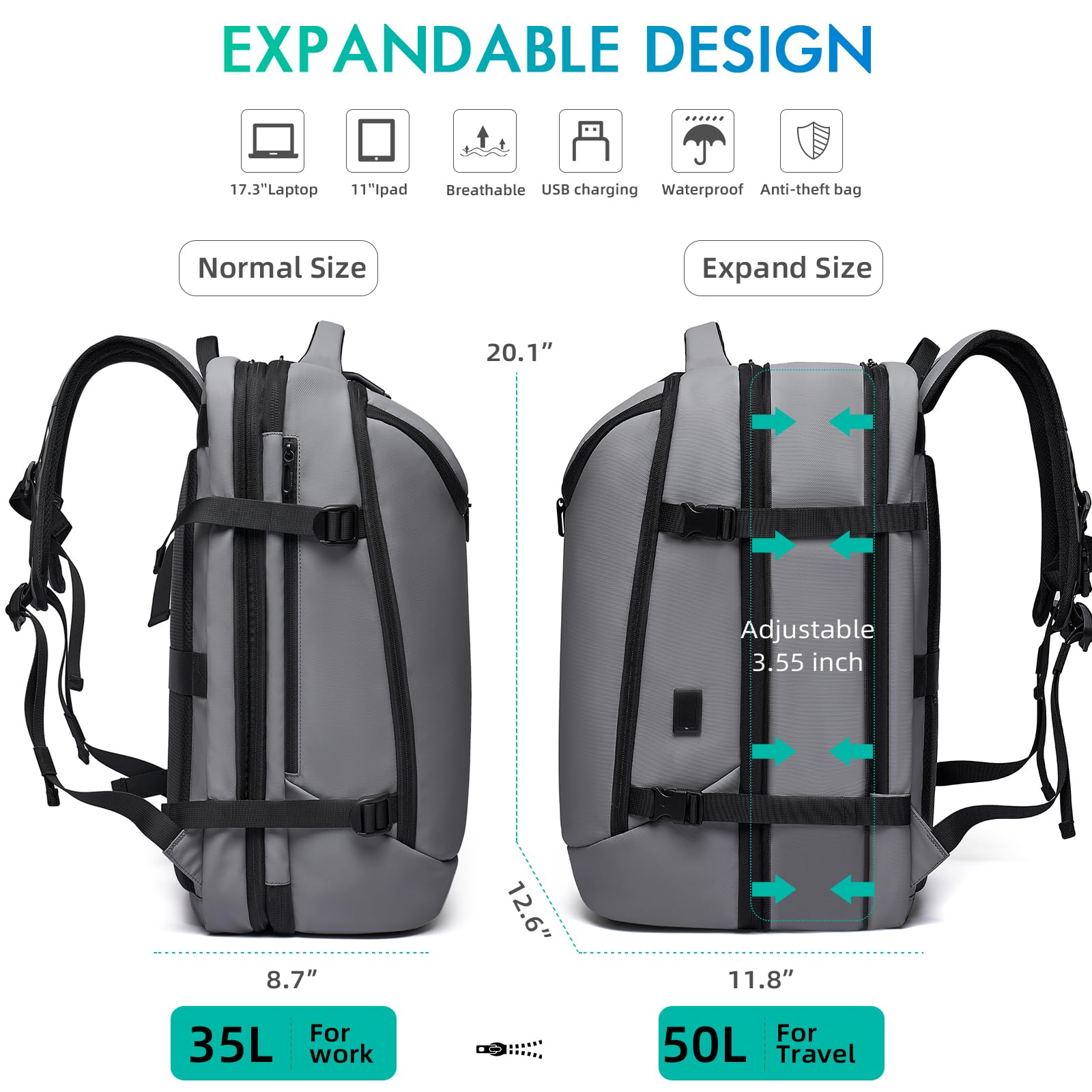 TANGCORLE Carry on Backpack Airline Approved for Men, Travel 50L Expandable backpack Luggage Fits 17.3 Inch Laptop with USB Charging Port(grey)