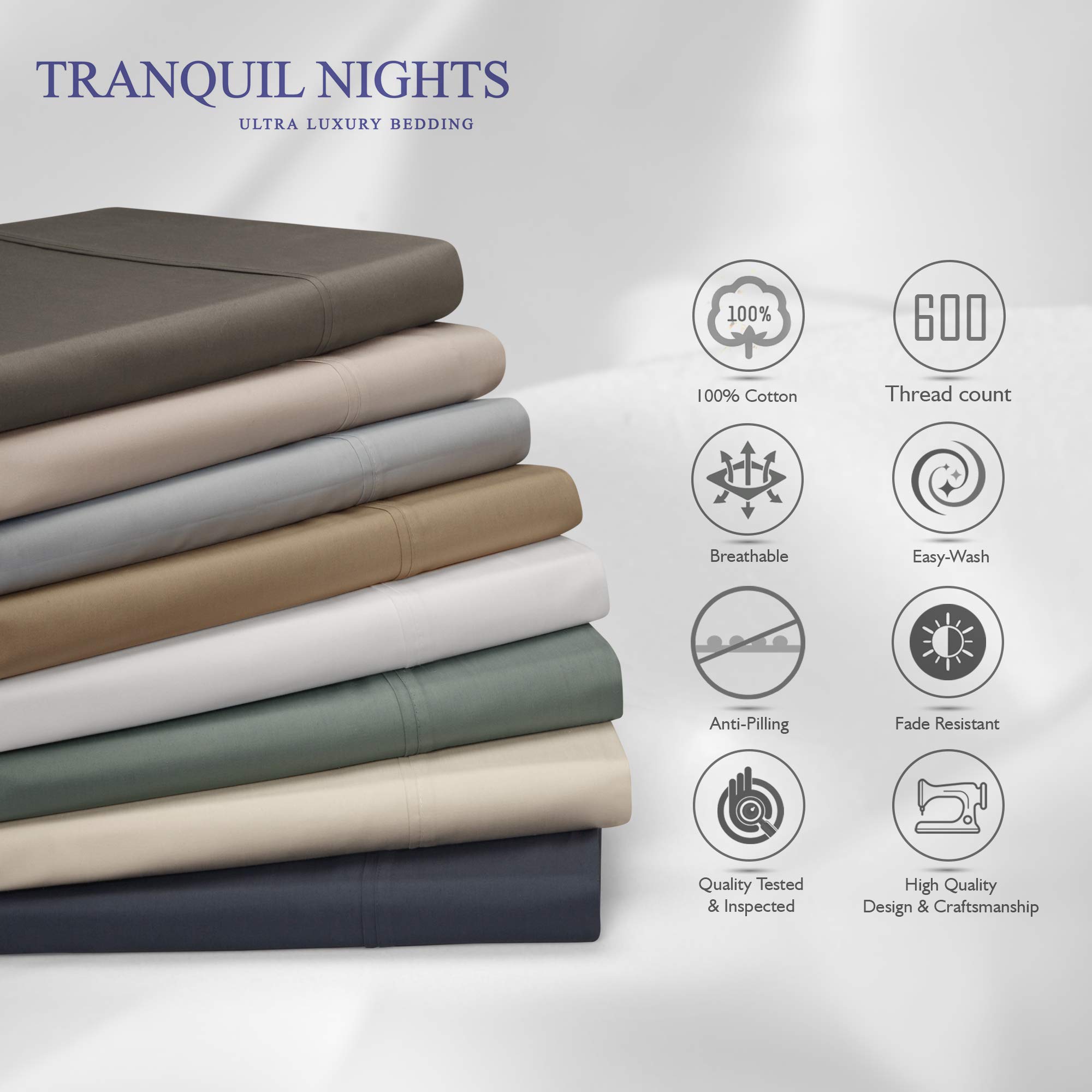 TRANQUIL NIGHTS - 600 Thread Count 100% Cotton Bed Sheet Set, 4-Piece Taupe Queen Size Sheets, Soft & Silky Sateen Weave Luxury Bedding, Deep Pocket Sheets to Fit Upto 17" Mattress