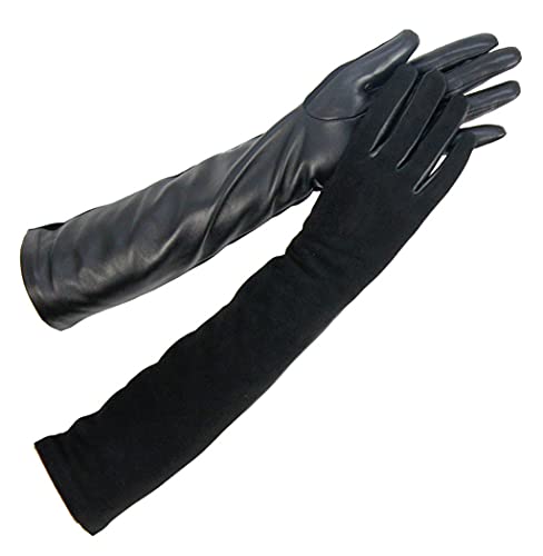 Winter Lady Leather Gloves Women Leather Mittens Female Suede Leather Long Gloves (Color : Black, Size : 8 1/2)